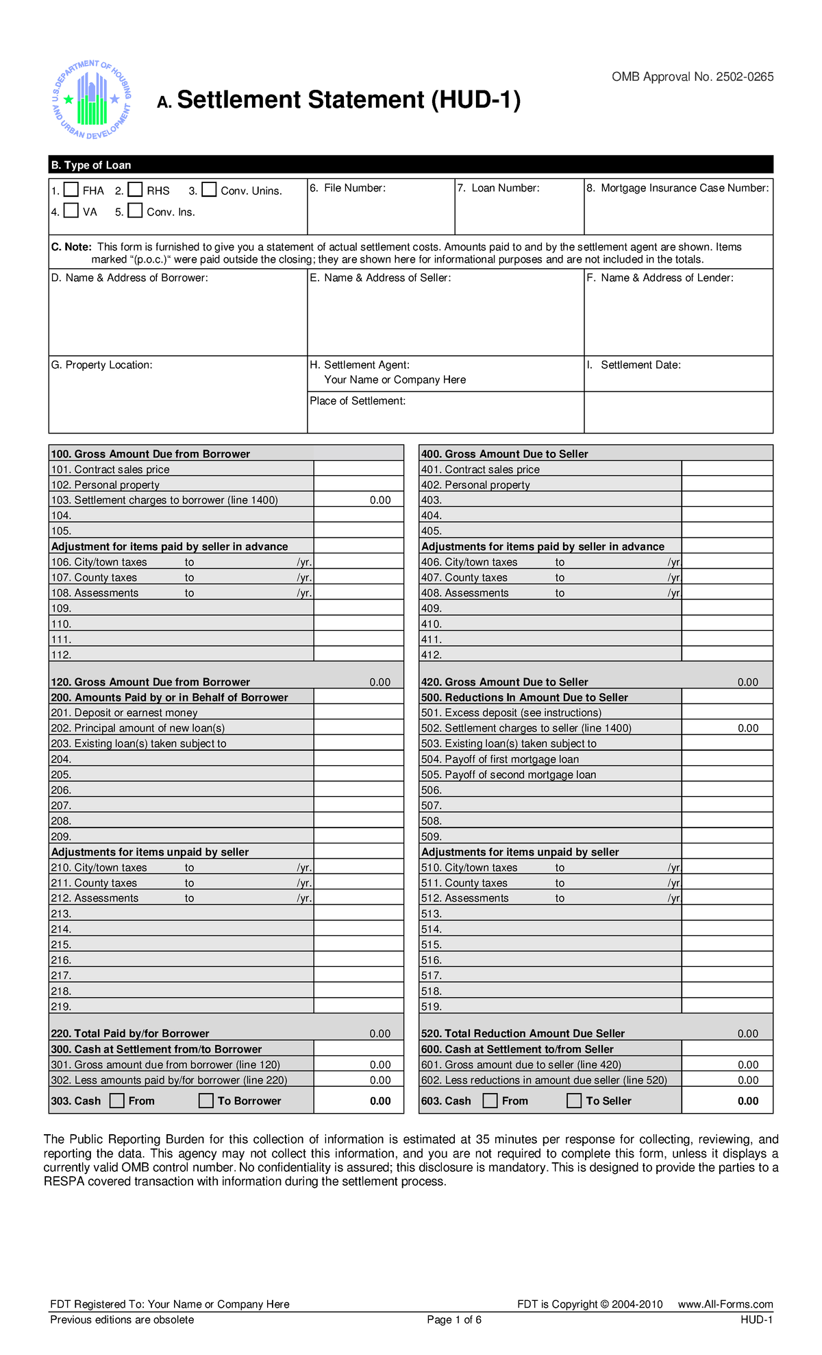HUD-1 Form - business-plan 7 - FDT Registered To: Your Name or Company ...