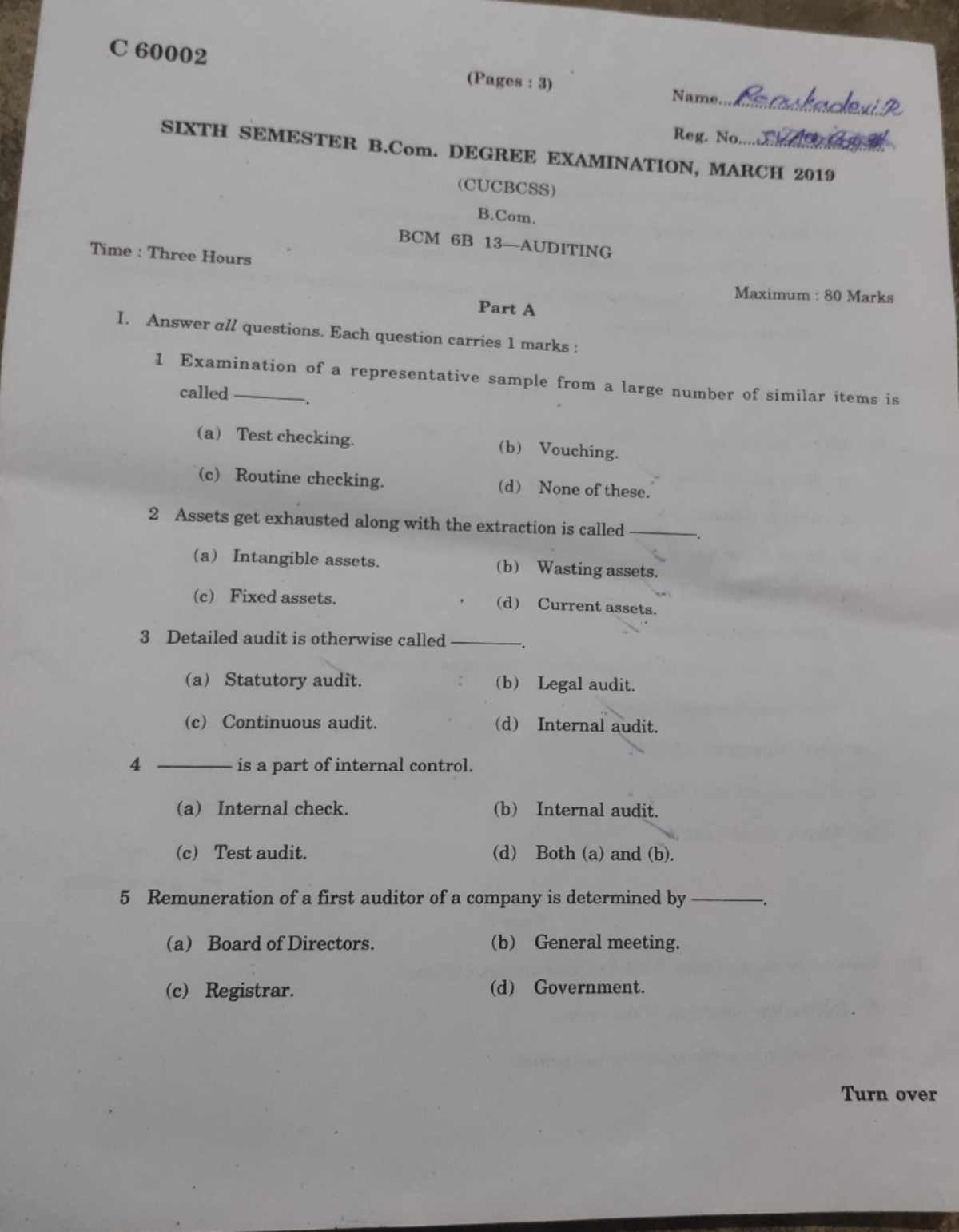 Auditing Question papers - Bachelor of commerce (bcom) - Studocu