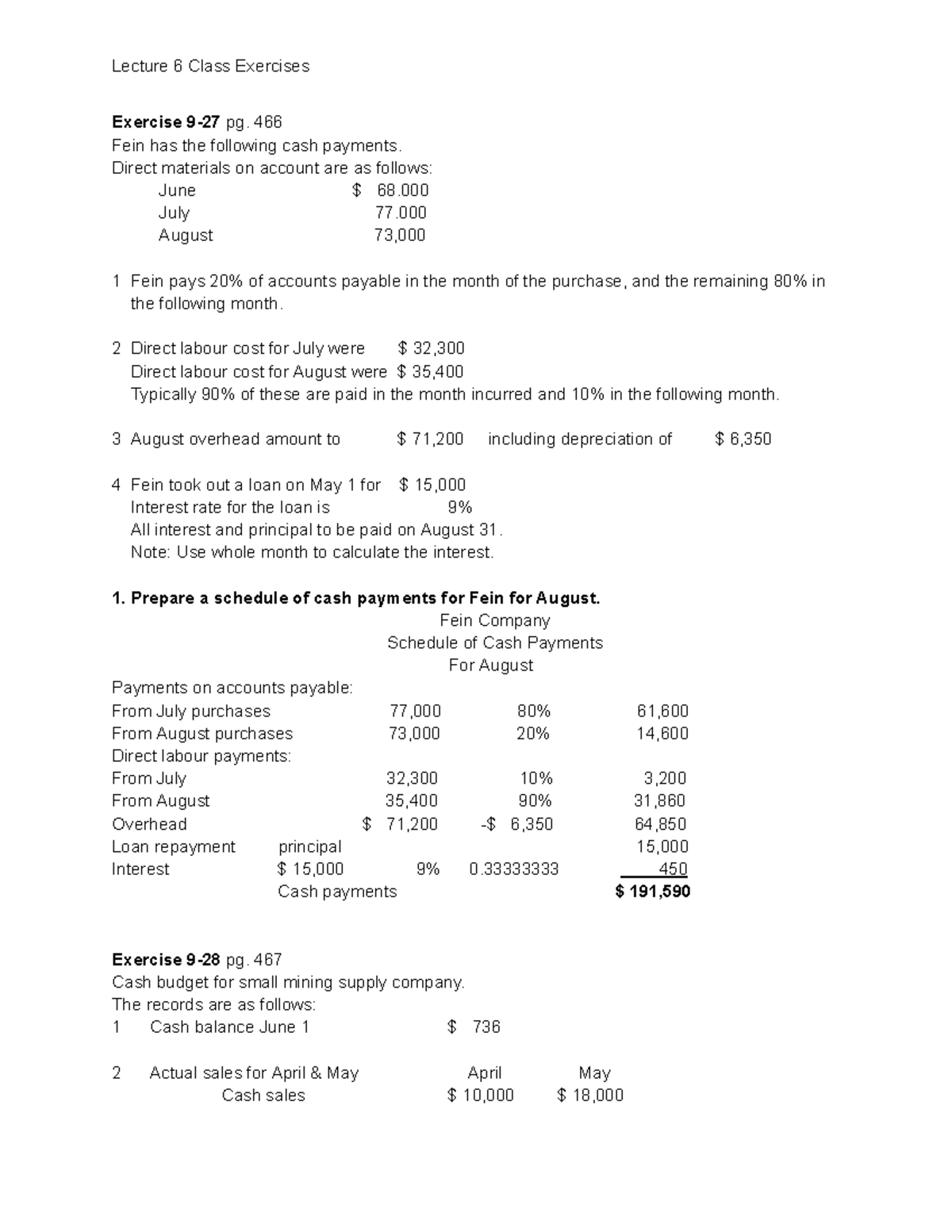 Lecture 6 Class Exercises - Lecture 6 Class Exercises Exercise 9-27 pg. 466 Fein has the ...