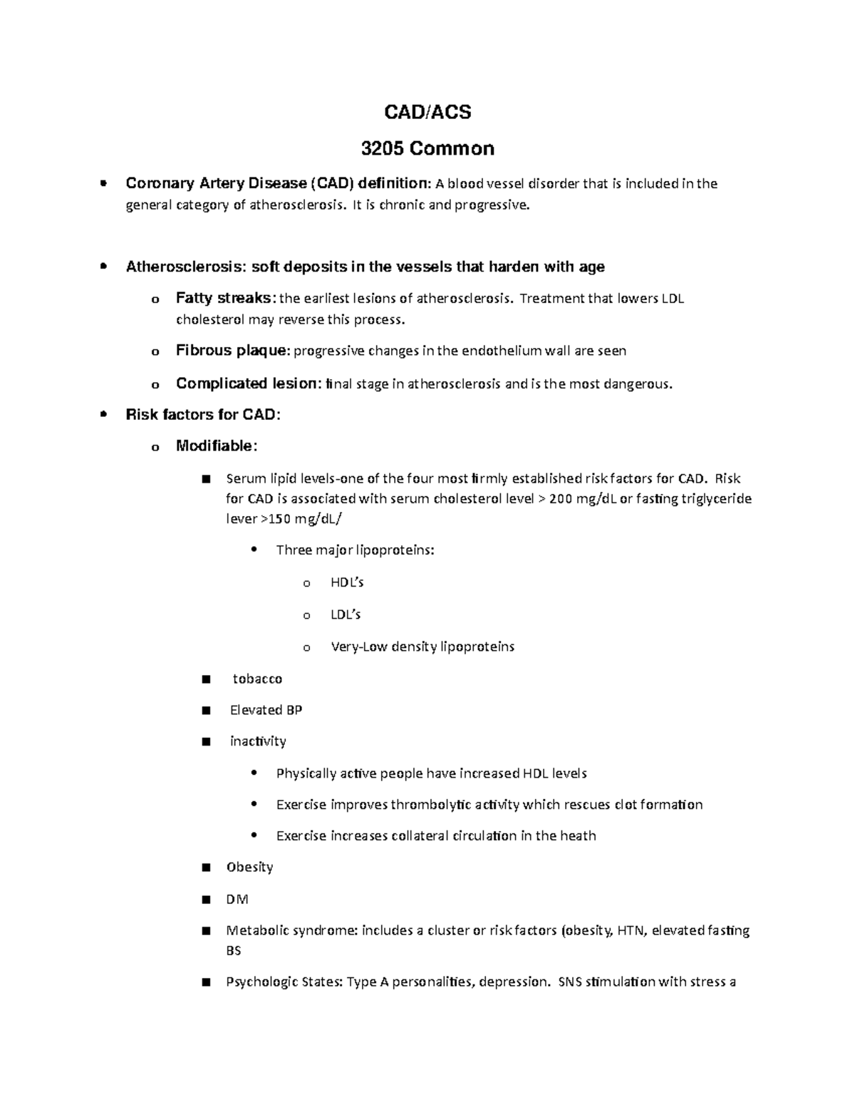 CAD notes Student version 1 - CAD/ACS 3205 Common · Coronary Artery ...