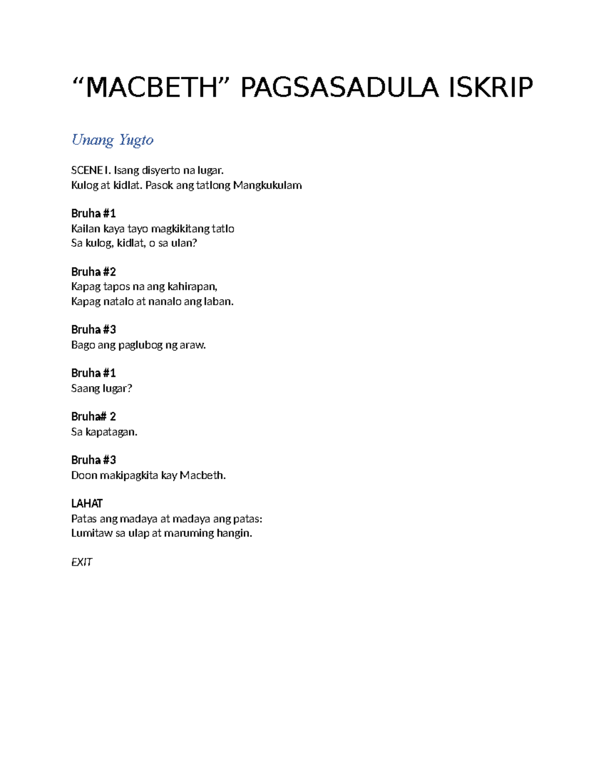ACT 1 Macbeth Iskrip - “MACBETH” PAGSASADULA ISKRIP Unang Yugto SCENE I ...
