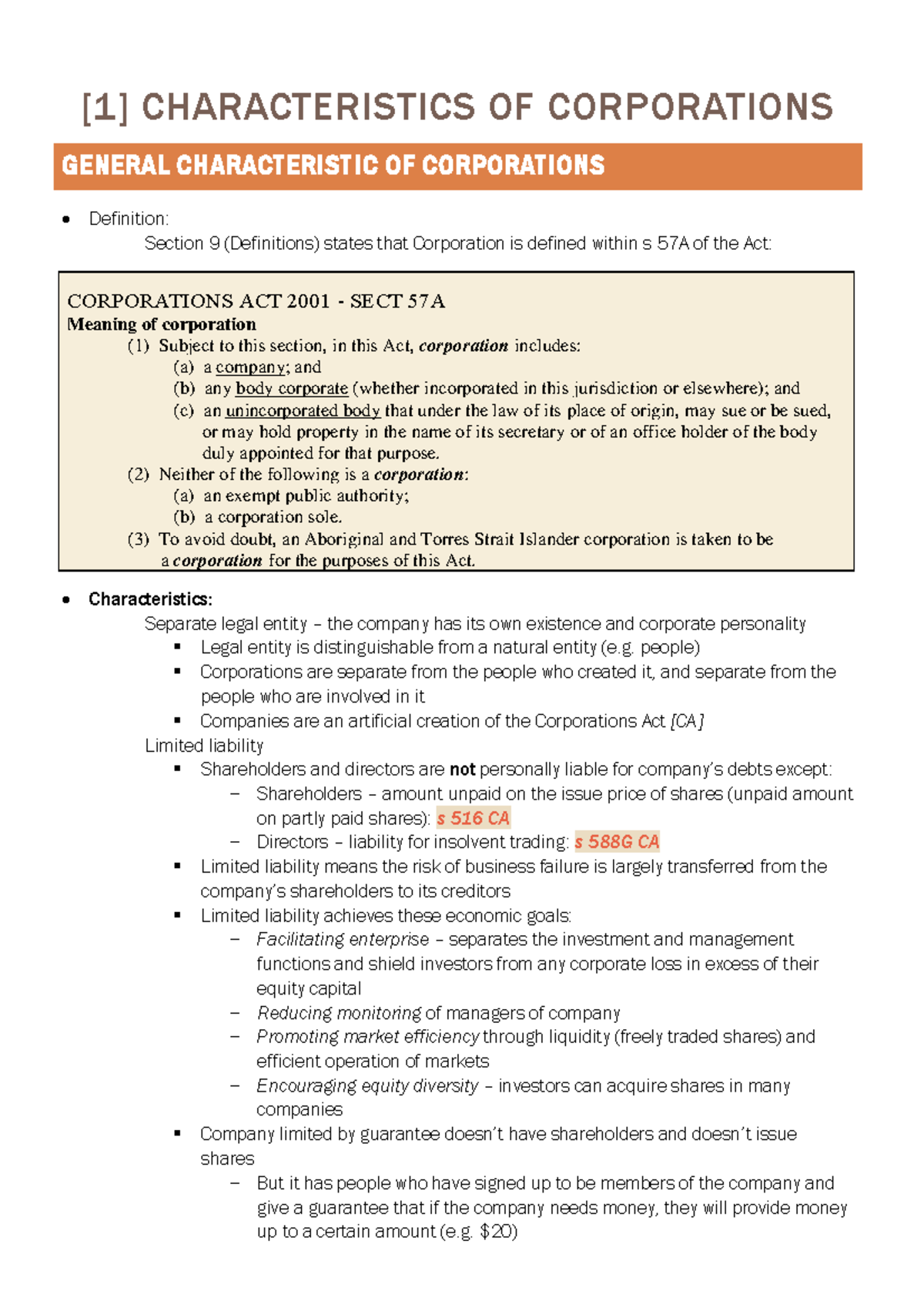 CLAW2201 Notes - [1] CHARACTERISTICS OF CORPORATIONS GENERAL ...