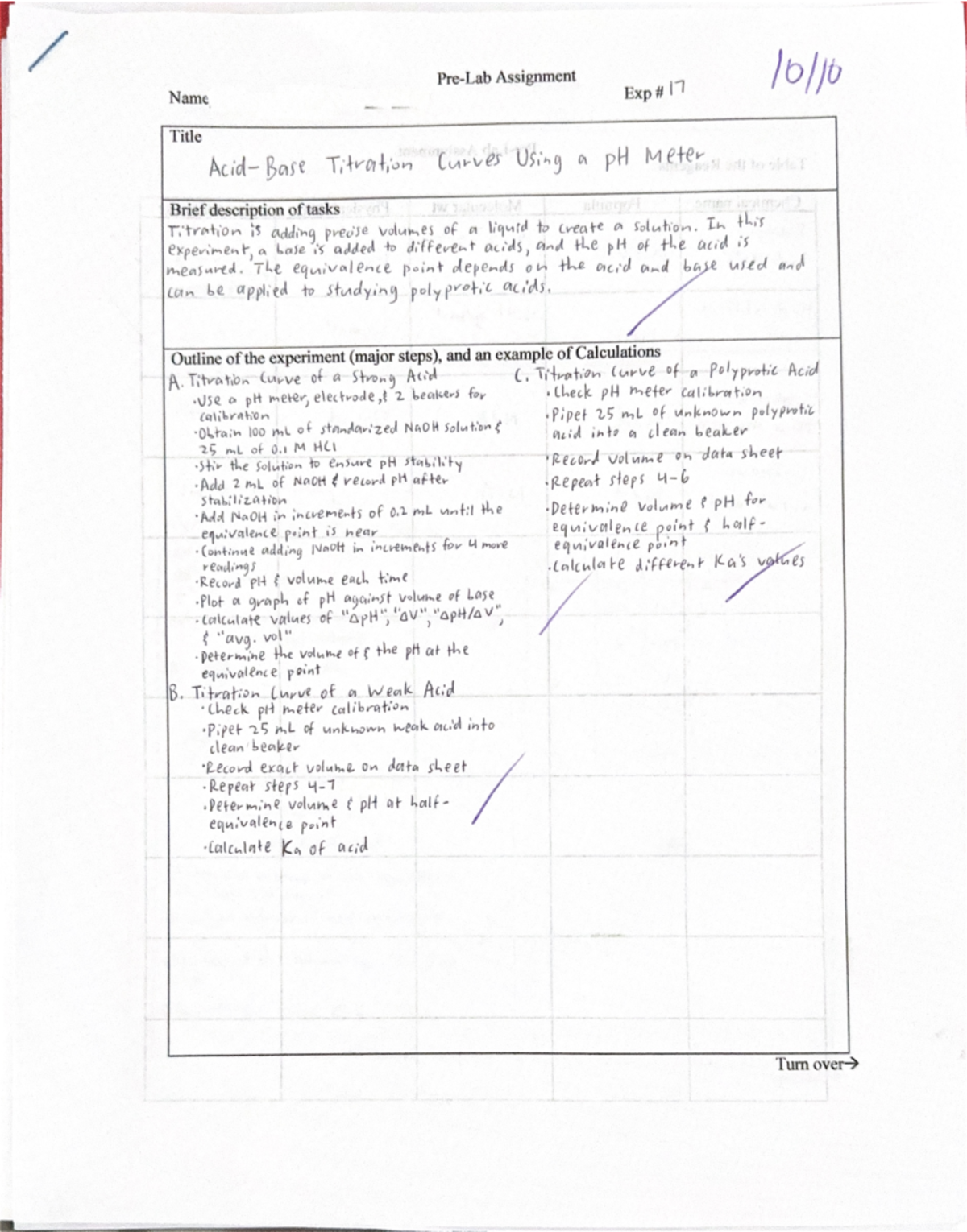Exp 17 prelab - Pre-lab - Assignment Name Exp 17 Title Base Titration ...