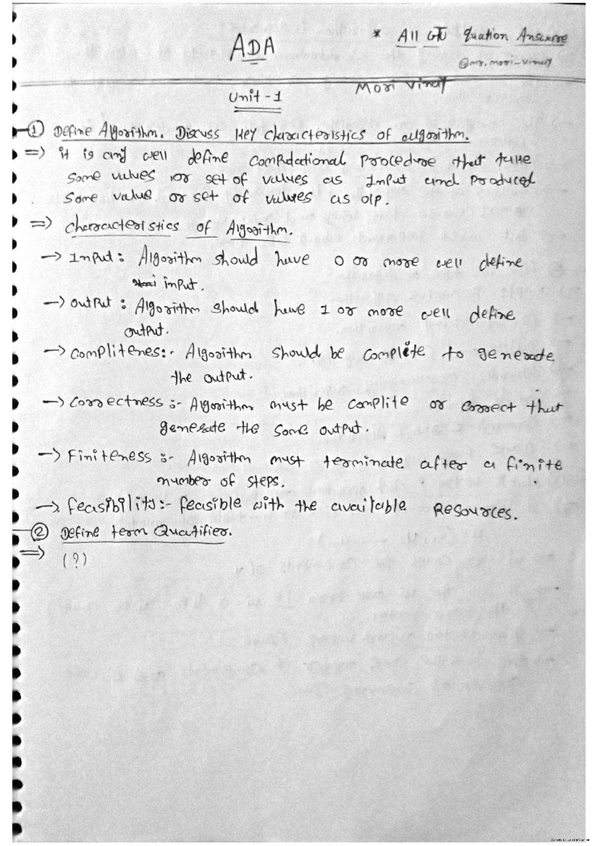 ADA GTU Paper Answer - ADA All GTU quation Ansure Mor vindy Unit 1 1 Define Algorithm. Discuss ...