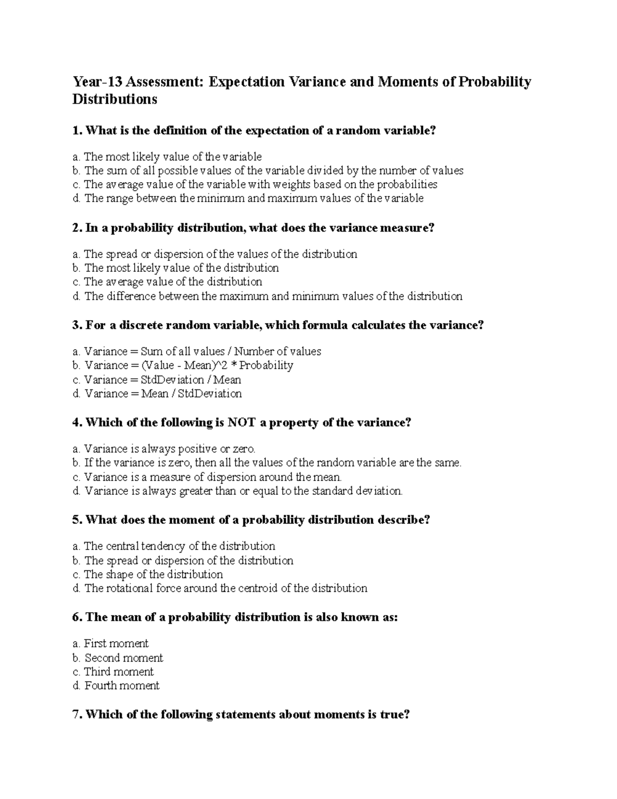 Moments - assignment - Year-13 Assessment: Expectation Variance and ...