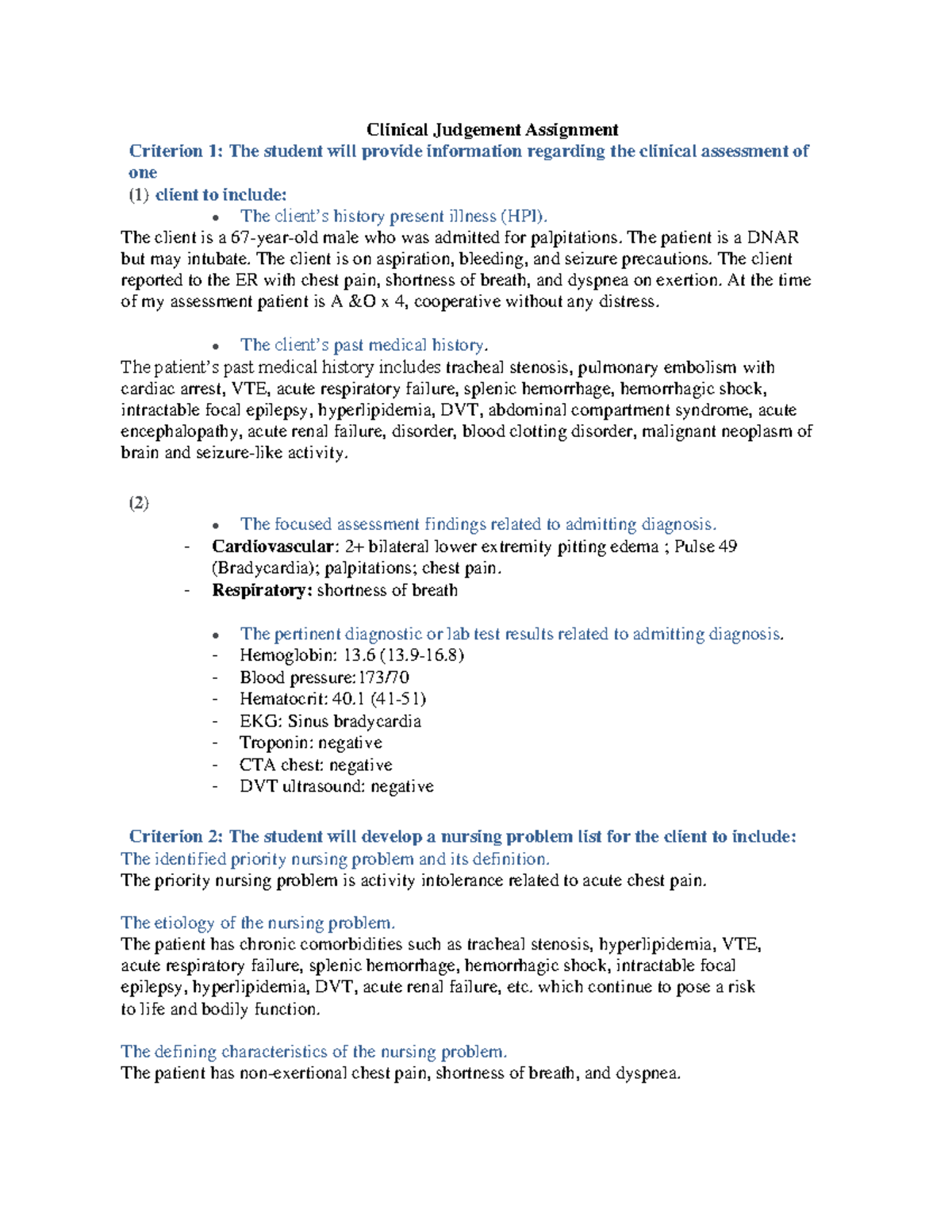 5-clinical judgement paper - Clinical Judgement Assignment Criterion 1 ...