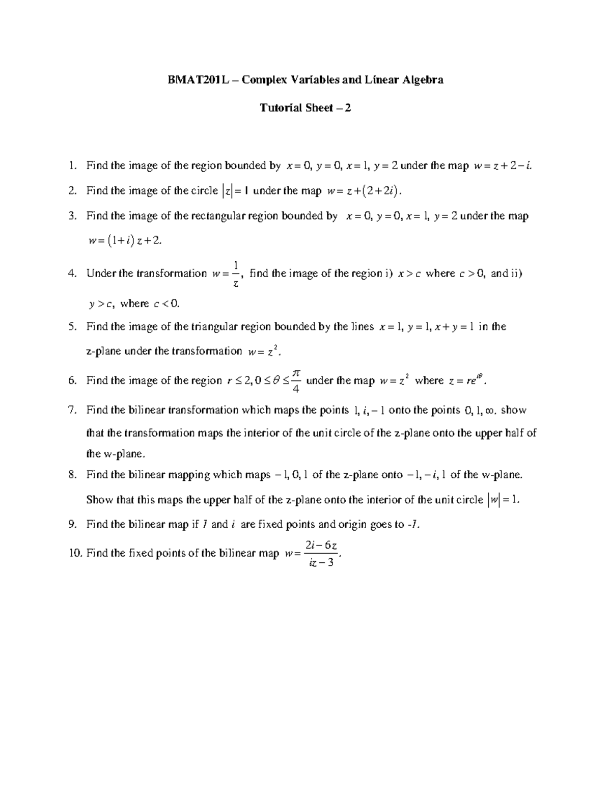 Module 2 Tutorial Sheet 2 Bmat201l Complex Variables And Linear Algebra Tutorial Sheet 2
