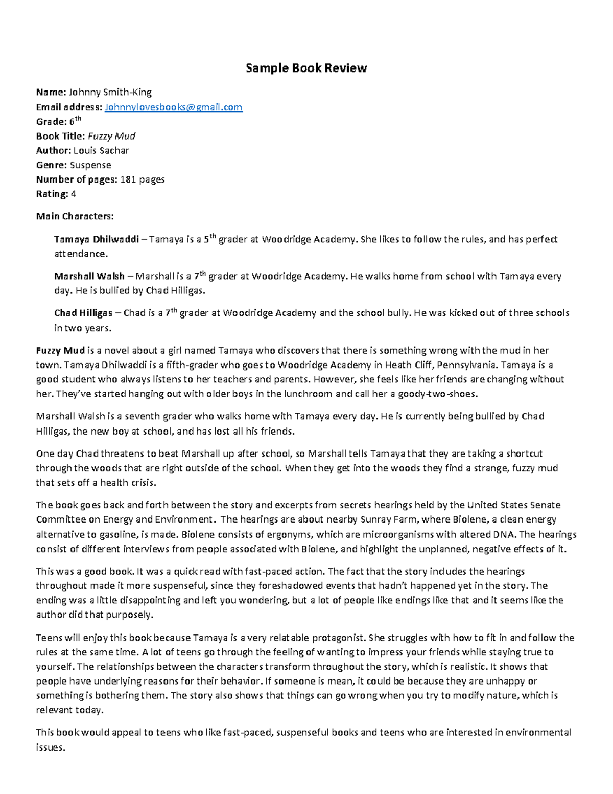 Book Review Sample 1 - Sample Book Review Name: Johnny Smith-King Email ...
