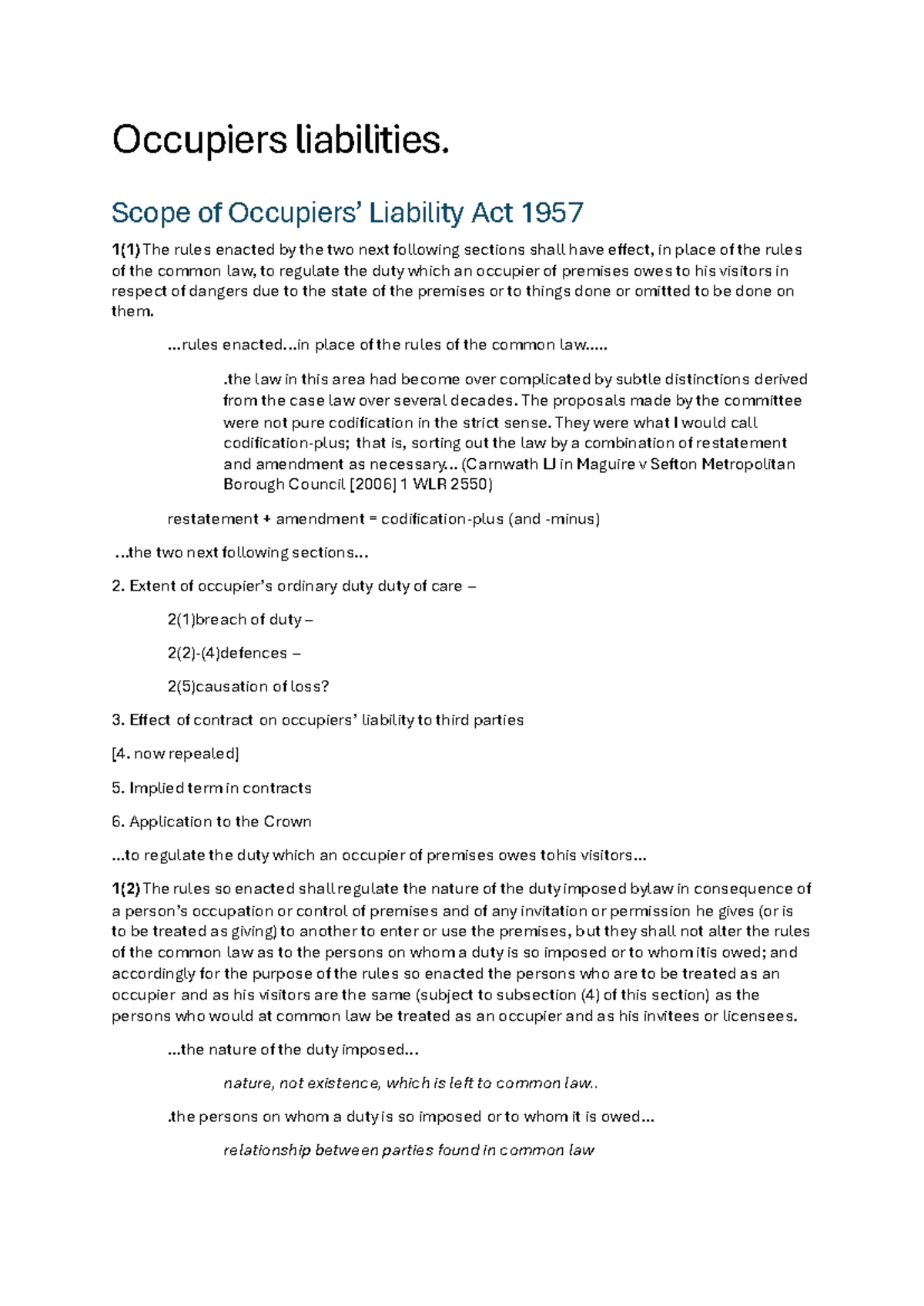 Tort part c occupiers liabillity - Occupiers liabilities. Scope of ...