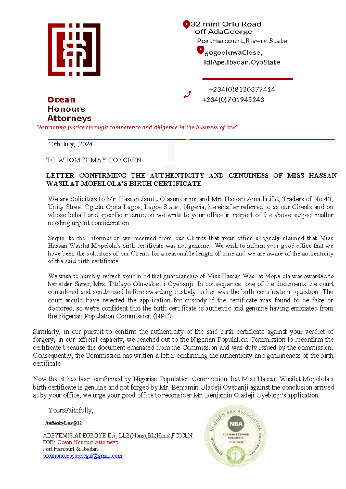 Comfirmation of genuiness of birth certificate letter - 32 mini Orlu ...