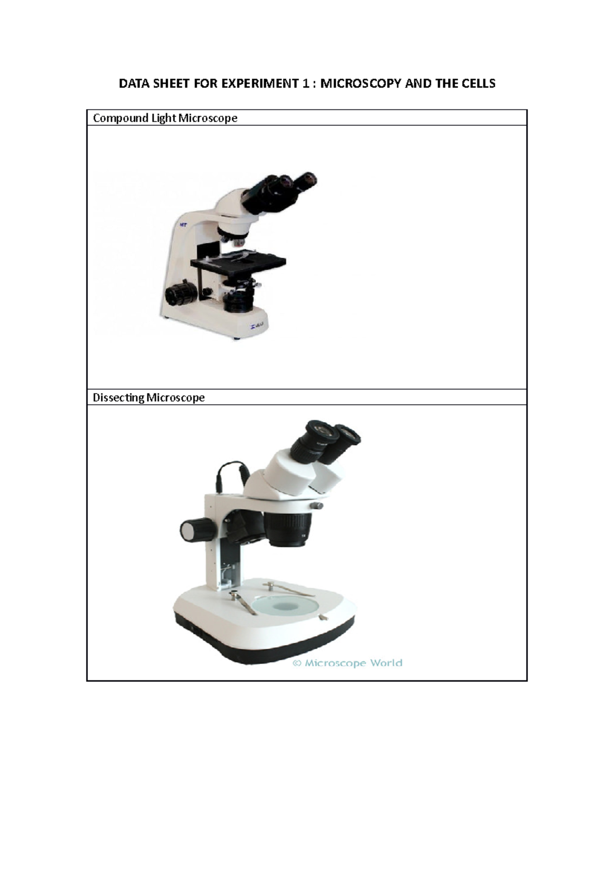 DATA Sheet FOR Experiment 1 - DATA SHEET FOR EXPERIMENT 1 : MICROSCOPY ...