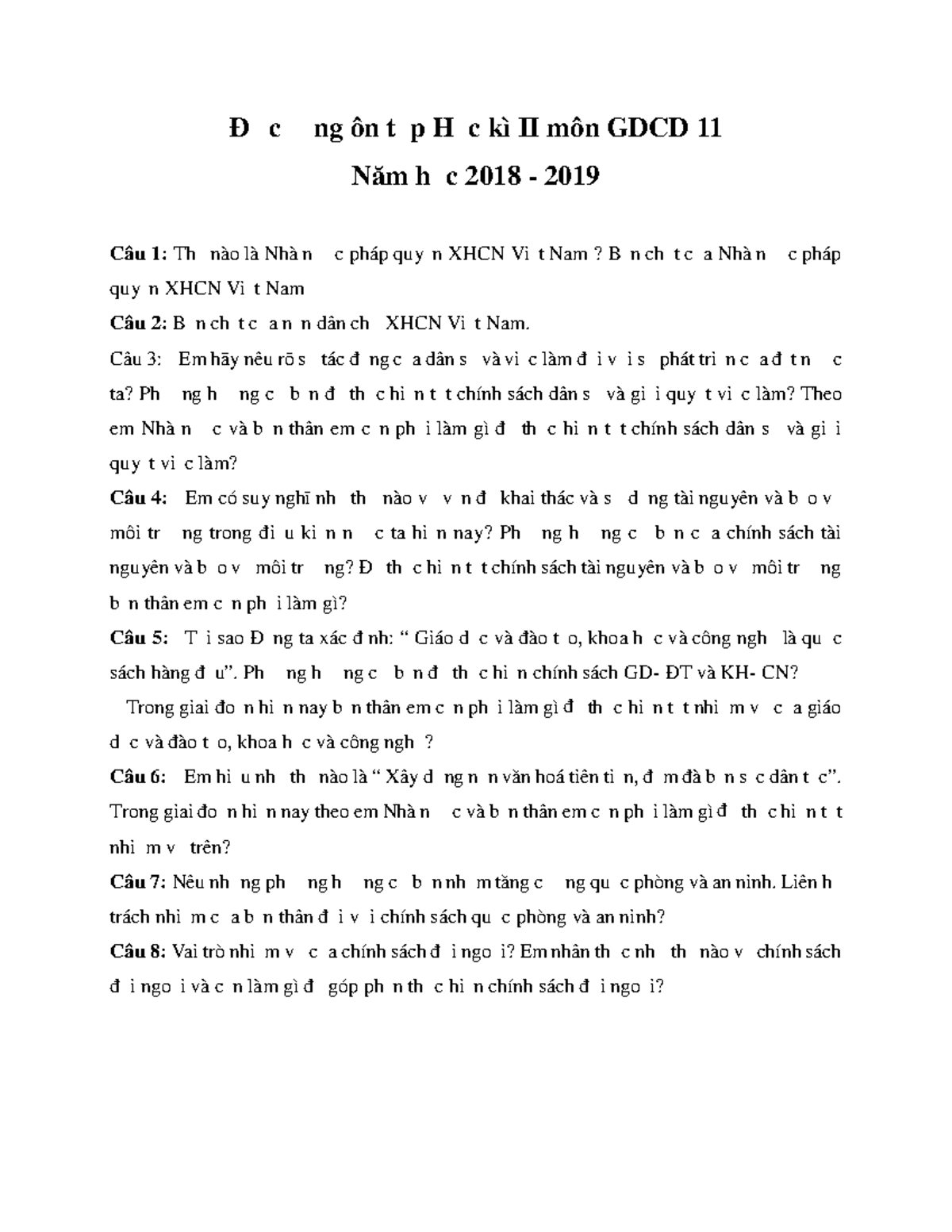 De cuong on tap HKII mon GDCD Lop 11 compressed - Đề cư ơ ng ôn tậ p Họ c kì II môn GDCD 11 Năm ...