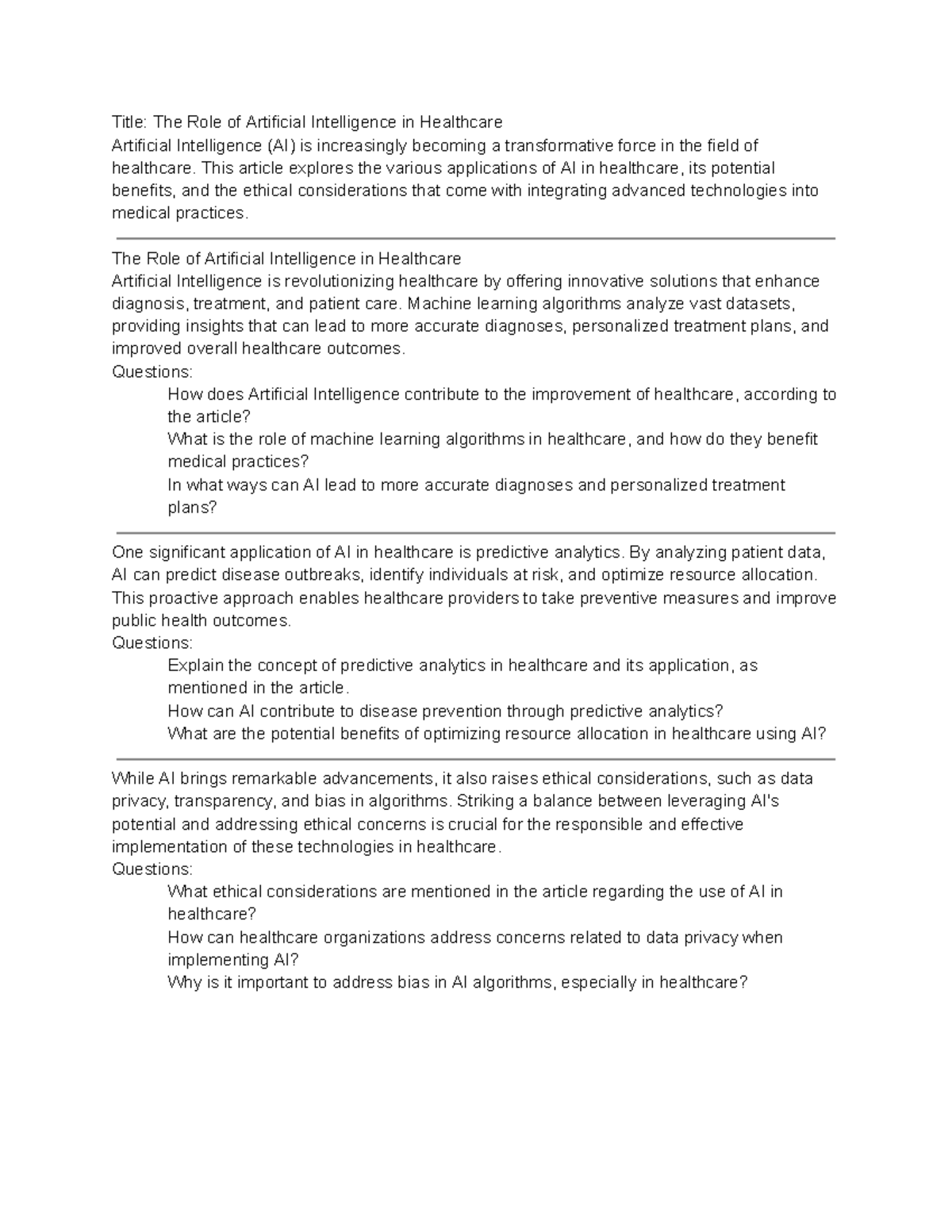 Reading 3 - Title: The Role of Artificial Intelligence in Healthcare ...