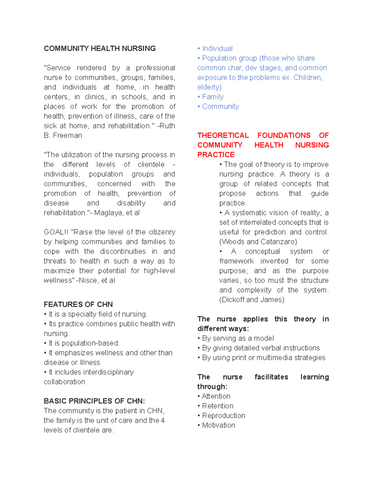 Chn Lesson 1 Notes Community Health Nursing Service Rendered By A Professional Nurse To