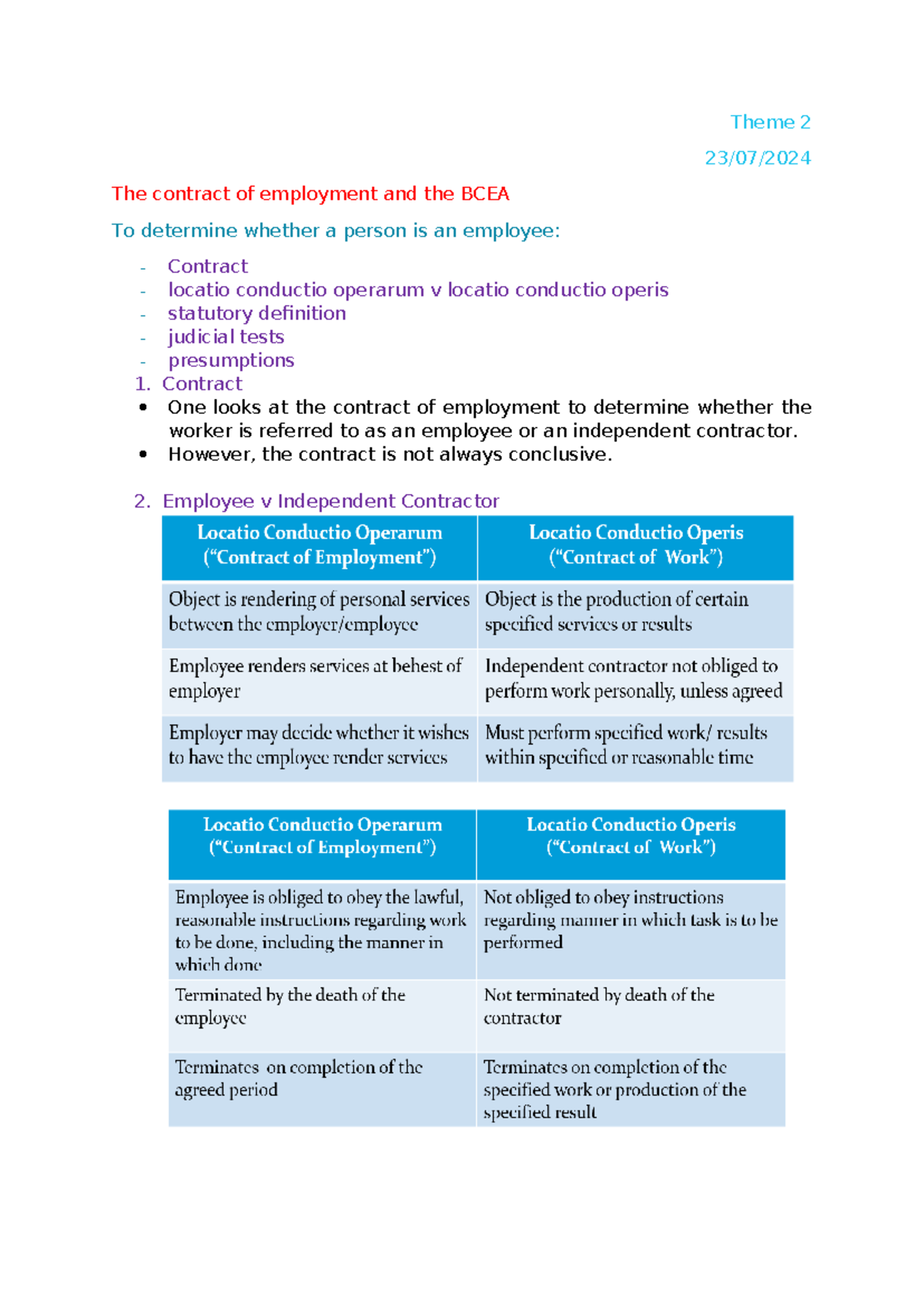 LAB321 Theme 2 Part 1 - Theme 2 23/07/ The contract of employment and ...