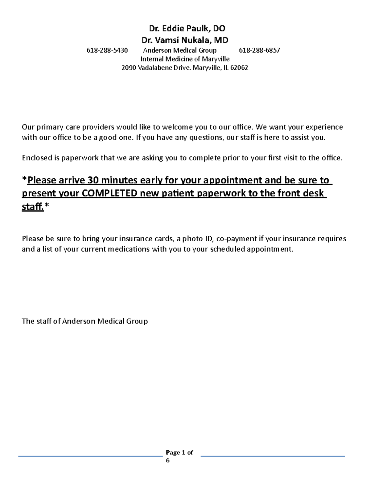 New Patient Paperwork - Dr. Eddie Paulk, DO Dr. Vamsi Nukala, MD 618 ...