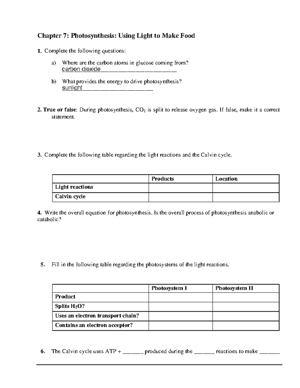 Worksheet Chapter 7 - need help - Chapter 7: Photosynthesis: Using ...