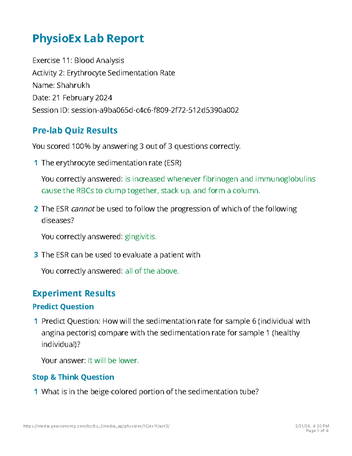 Exercise 11 combined - PhysioEx Lab Report Exercise 11 : Blood Analysis ...
