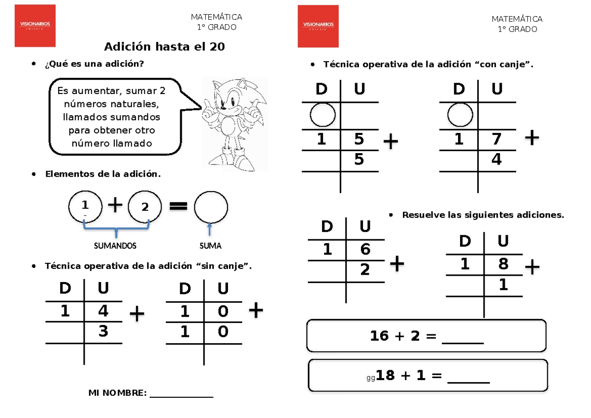 Adición - MATEMÁTICA 1° GRADO MATEMÁTICA 1° GRADO MI NOMBRE ...