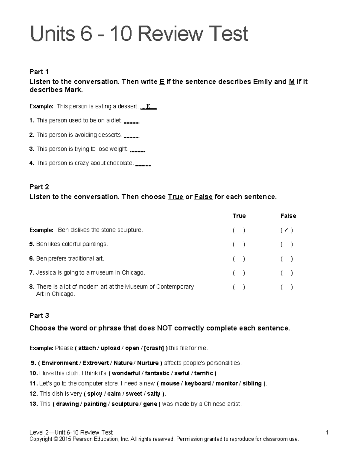 TN2 U6 10 Assessment - examen - Units 6 - 10 Review Test Part 1 Listen ...