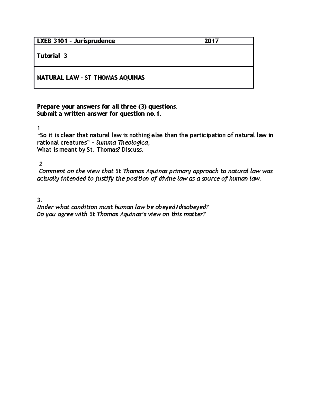 Tutorial - Natural LAW - ST.T. Aquinas - LXEB 3101 – Jurisprudence 2017 ...