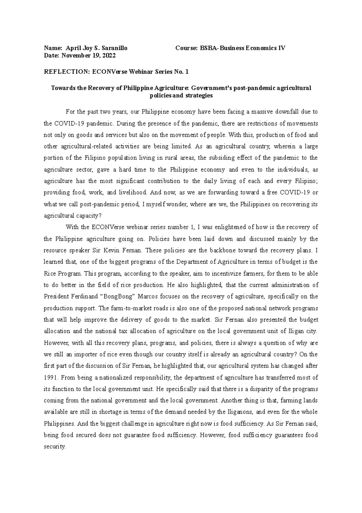 Reflection Webinar Series #1 - Name: April Joy S. Saranillo Course ...