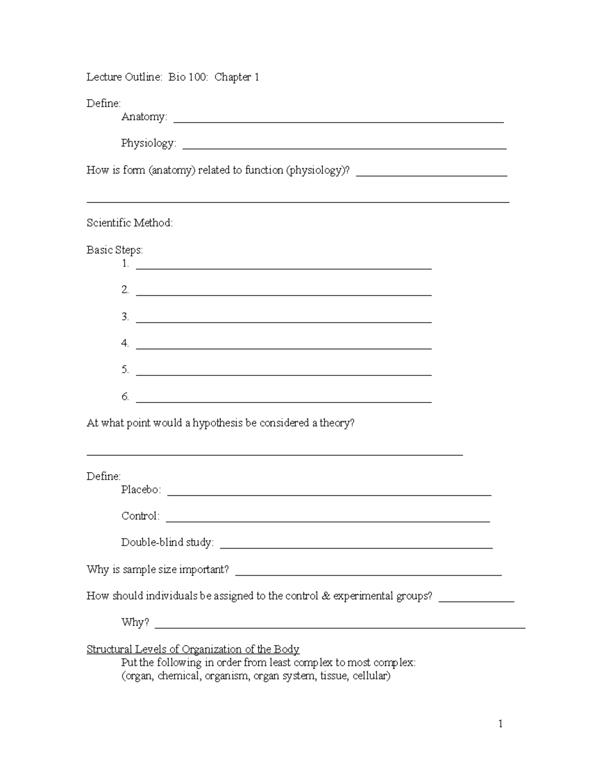 Lecture Outline Ch 1 - Lecture Outline: Bio 100: Chapter 1 Define ...