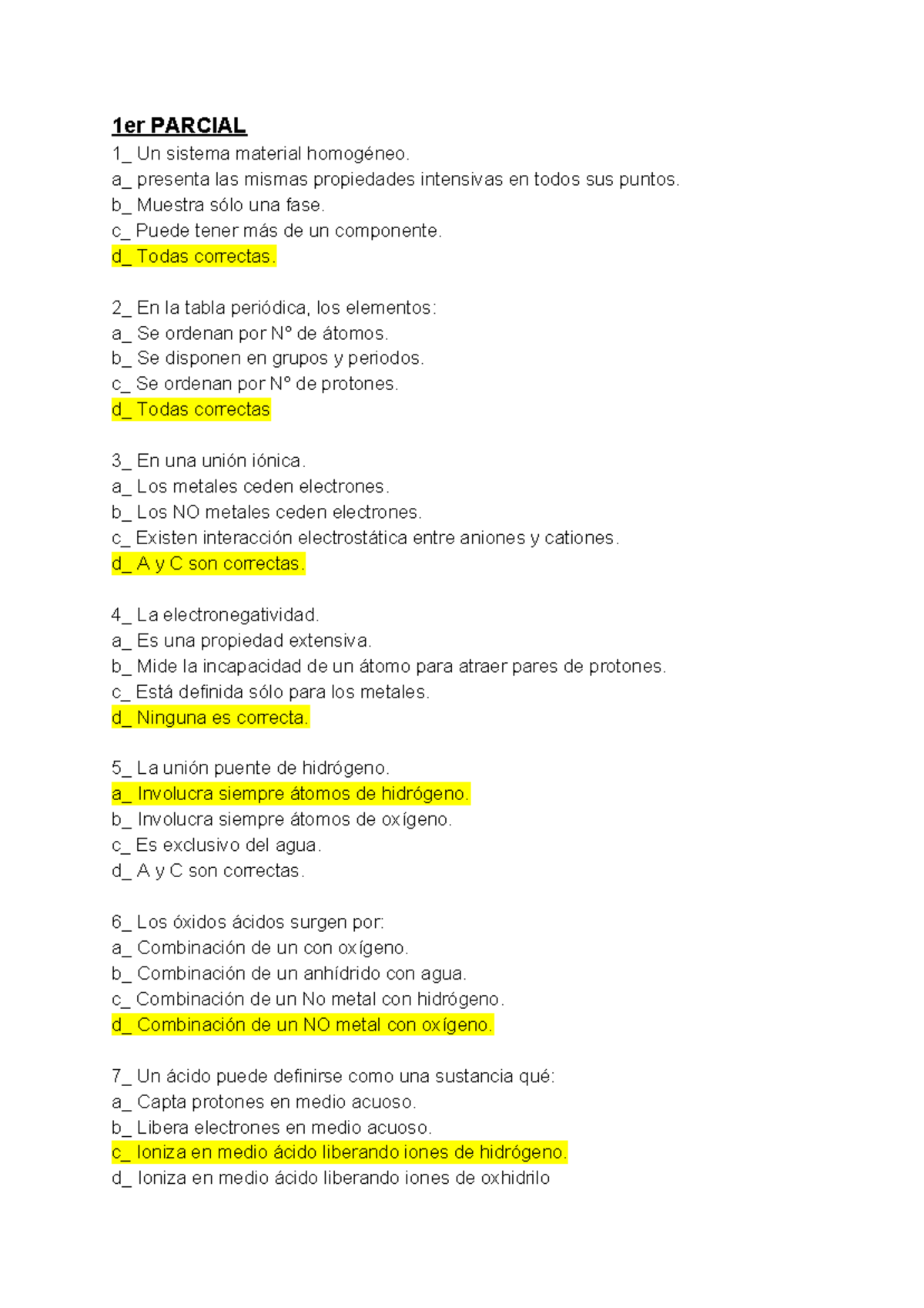 Parciales DE Quimica 2019 - 1er PARCIAL 1_ Un sistema material ...