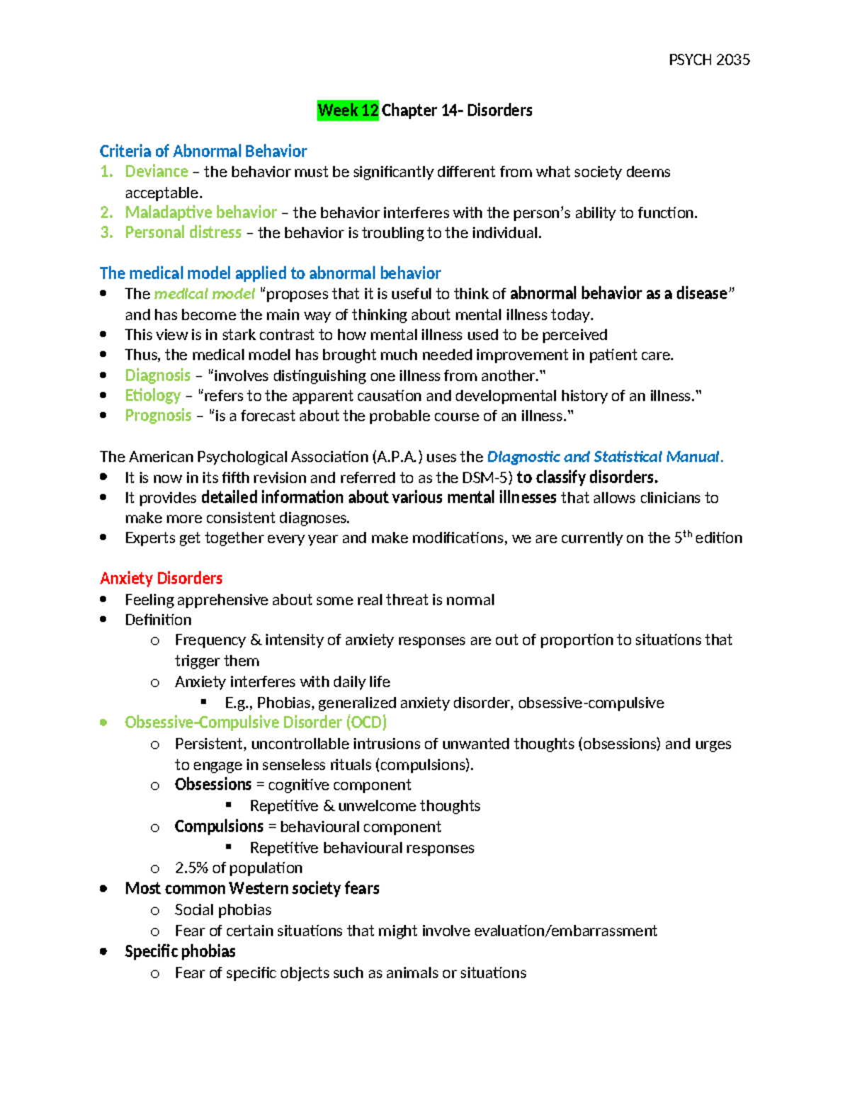 Psych 2035 Week 12 Chapter 14 - Week 12 Chapter 14- Disorders Criteria ...