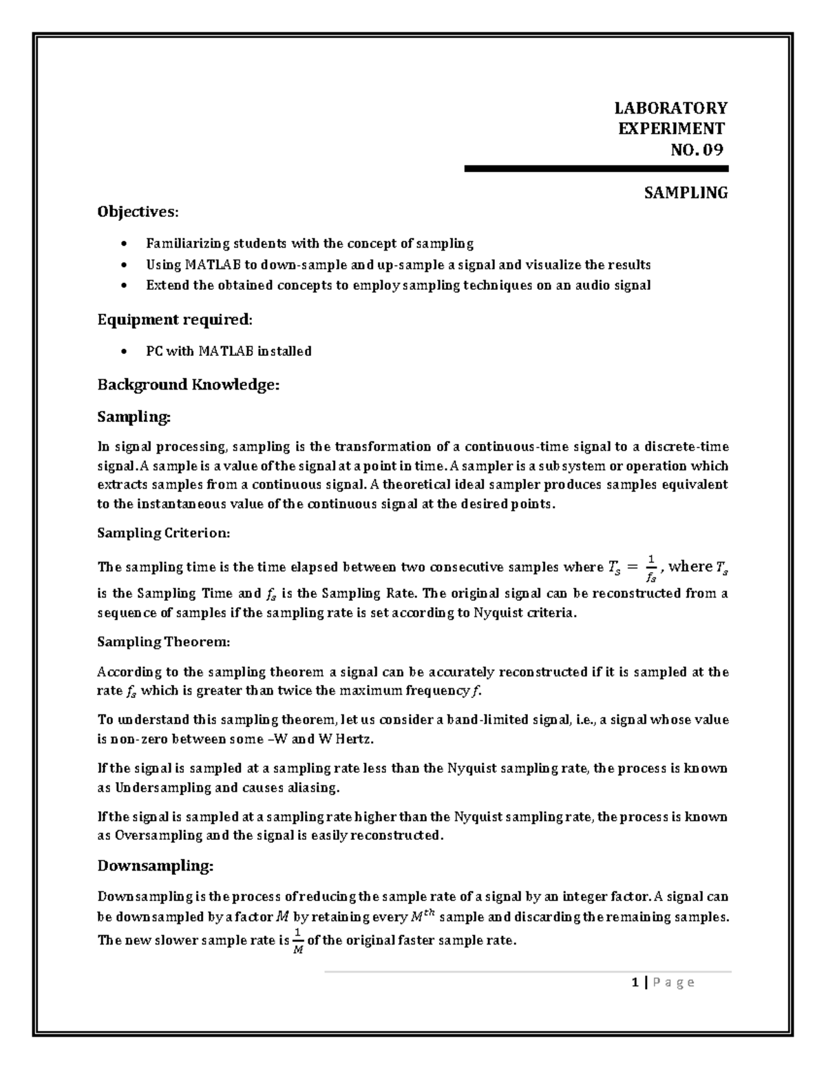 Dsp Lab Manual 09 Sampling Laboratory Experiment No 09 Sampling Objectives Familiarizing 5427