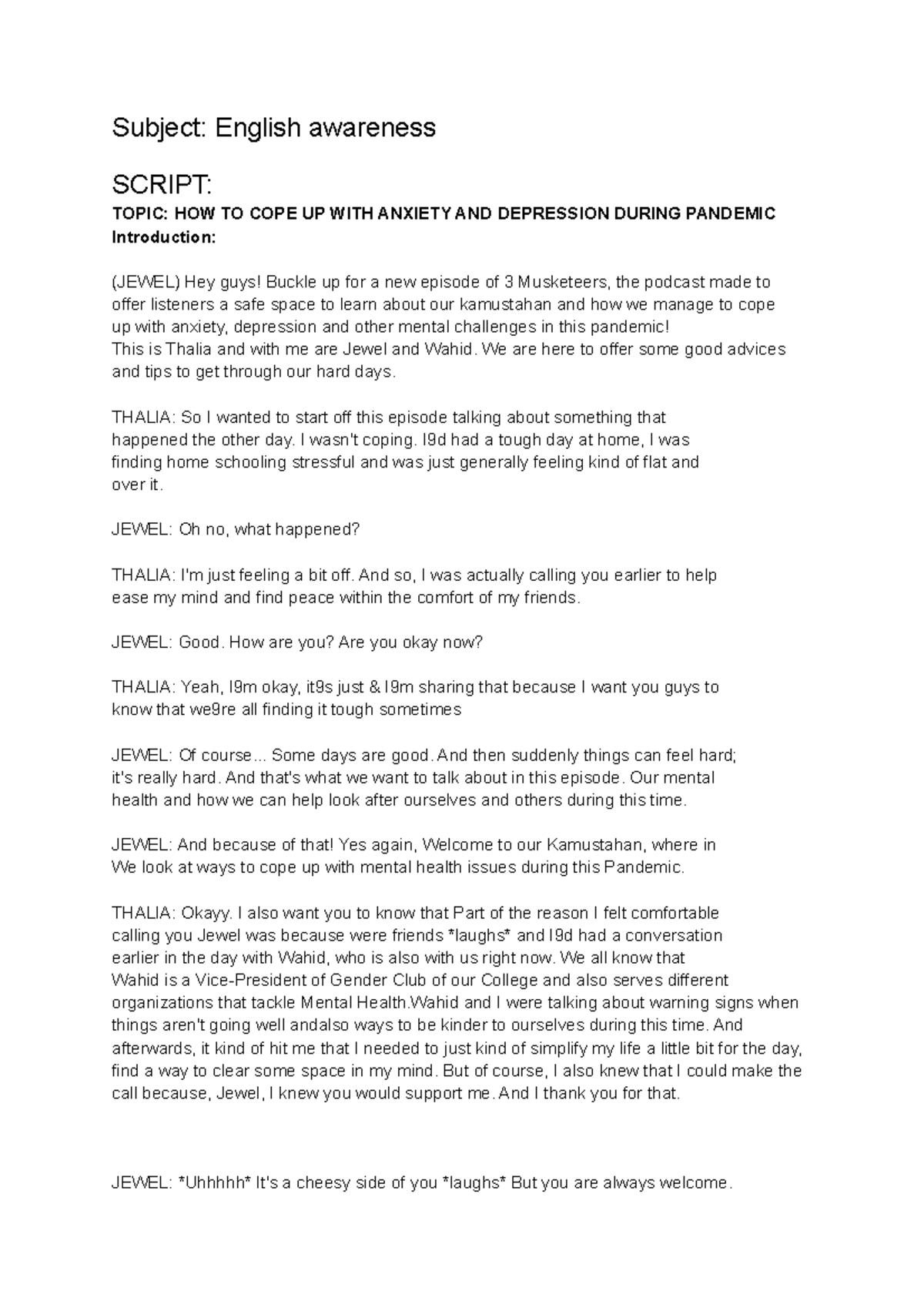 Untitled document - nothing - Subject: English awareness SCRIPT: TOPIC ...