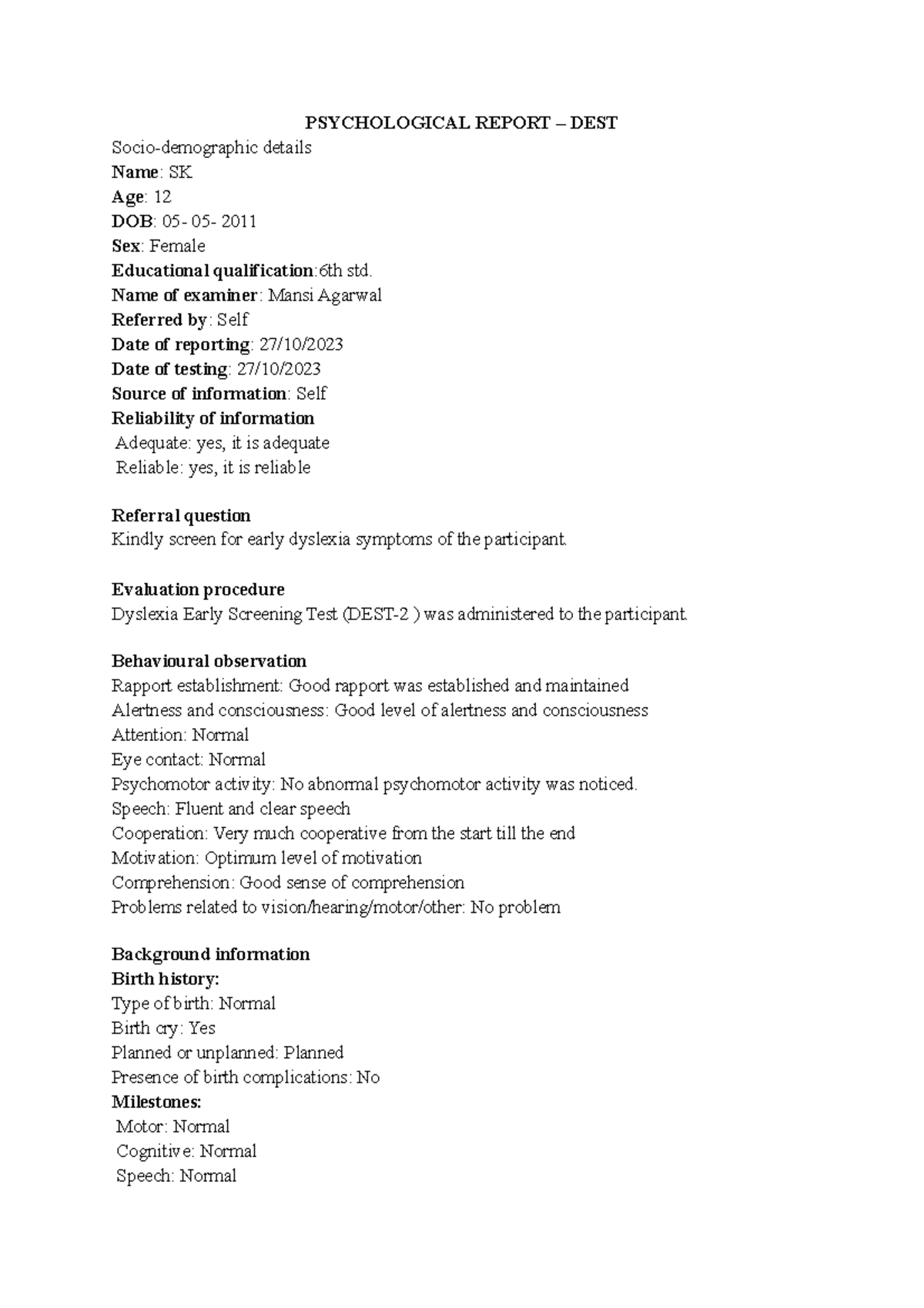 DEST - Practical record - PSYCHOLOGICAL REPORT – DEST Socio-demographic ...