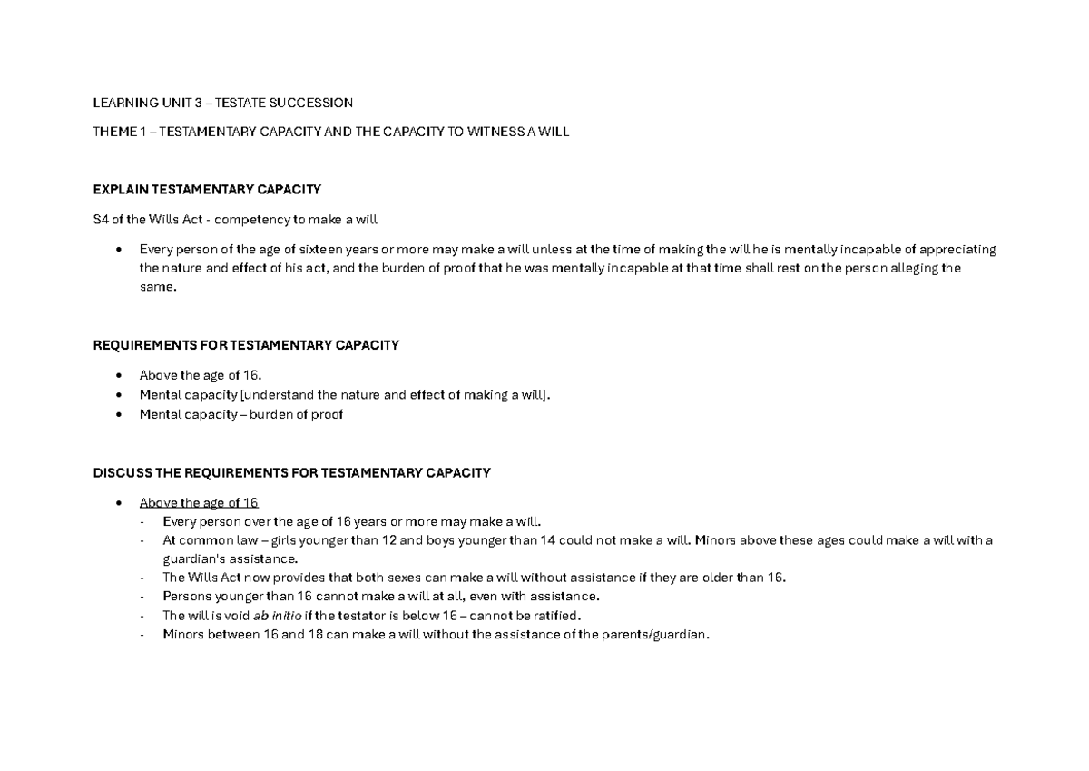 Succession TEST 2 - LEARNING UNIT 3 – TESTATE SUCCESSION THEME 1 ...