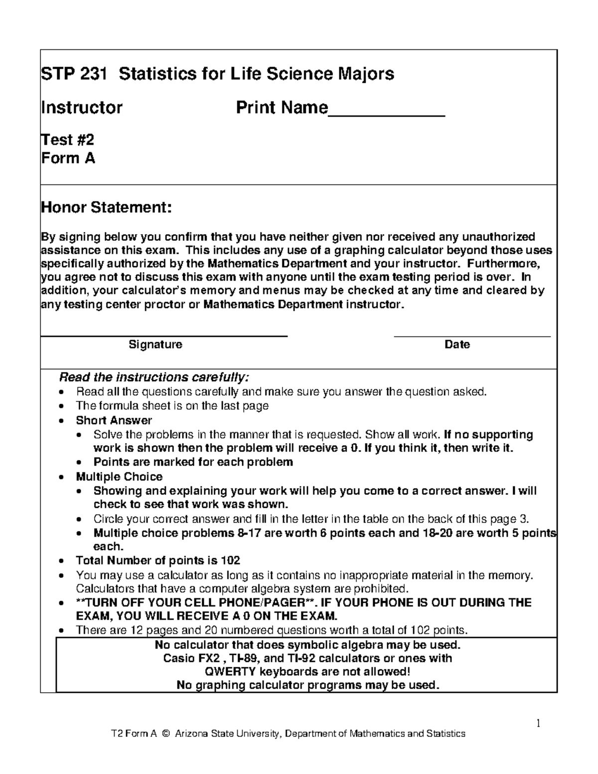 Old Exam 2 - This is an old exam from a few years ago - 1 STP 231 ...