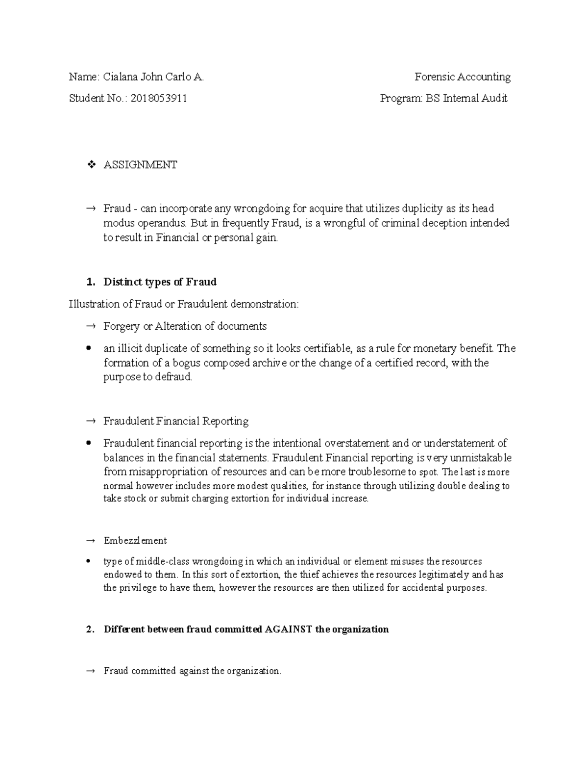 Assignment 1 - Forensic Accounting - Name: Cialana John Carlo A ...