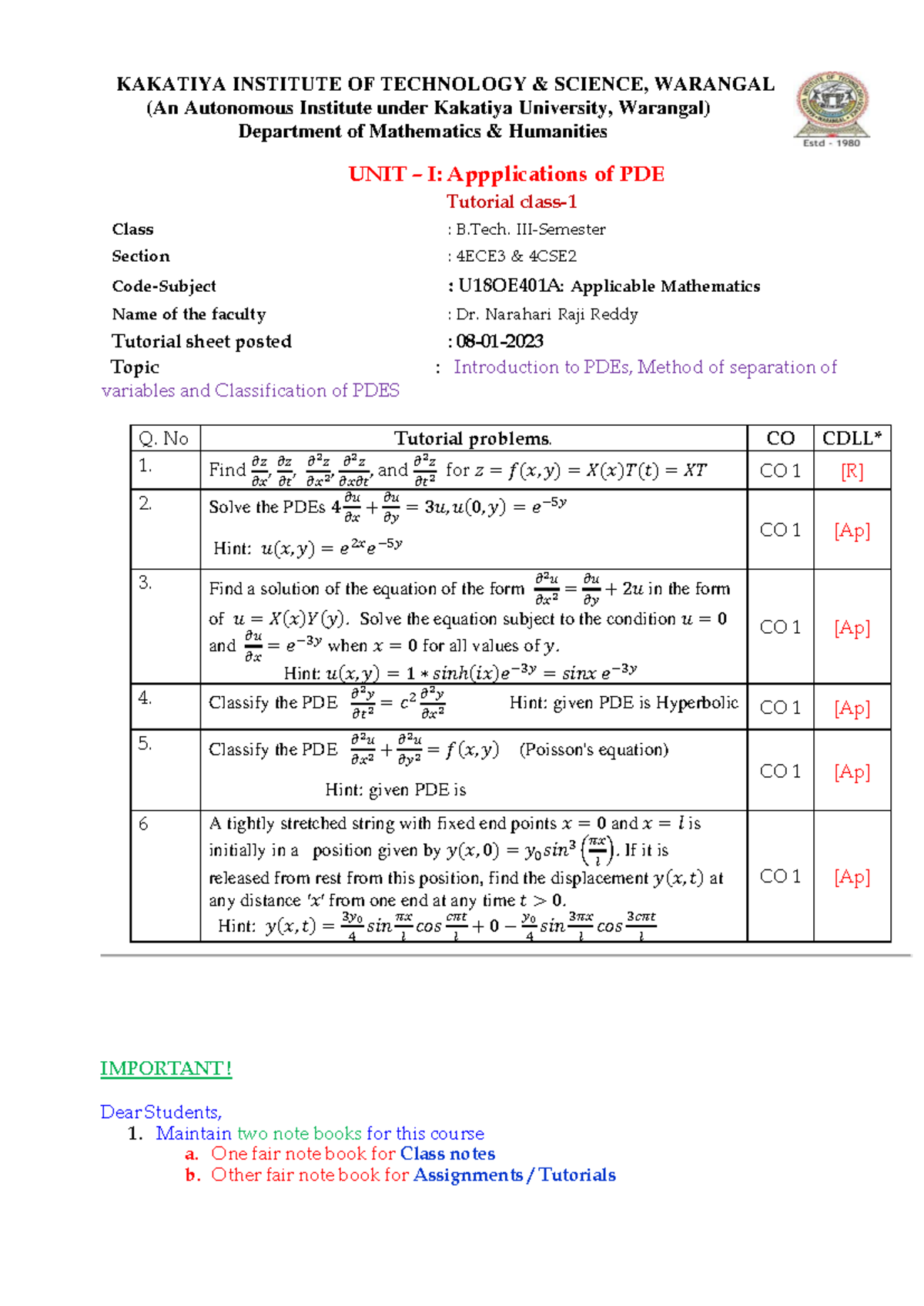 Kw AM Tutorialclass 1 - Applicable mathematics important tutorials 3 ...