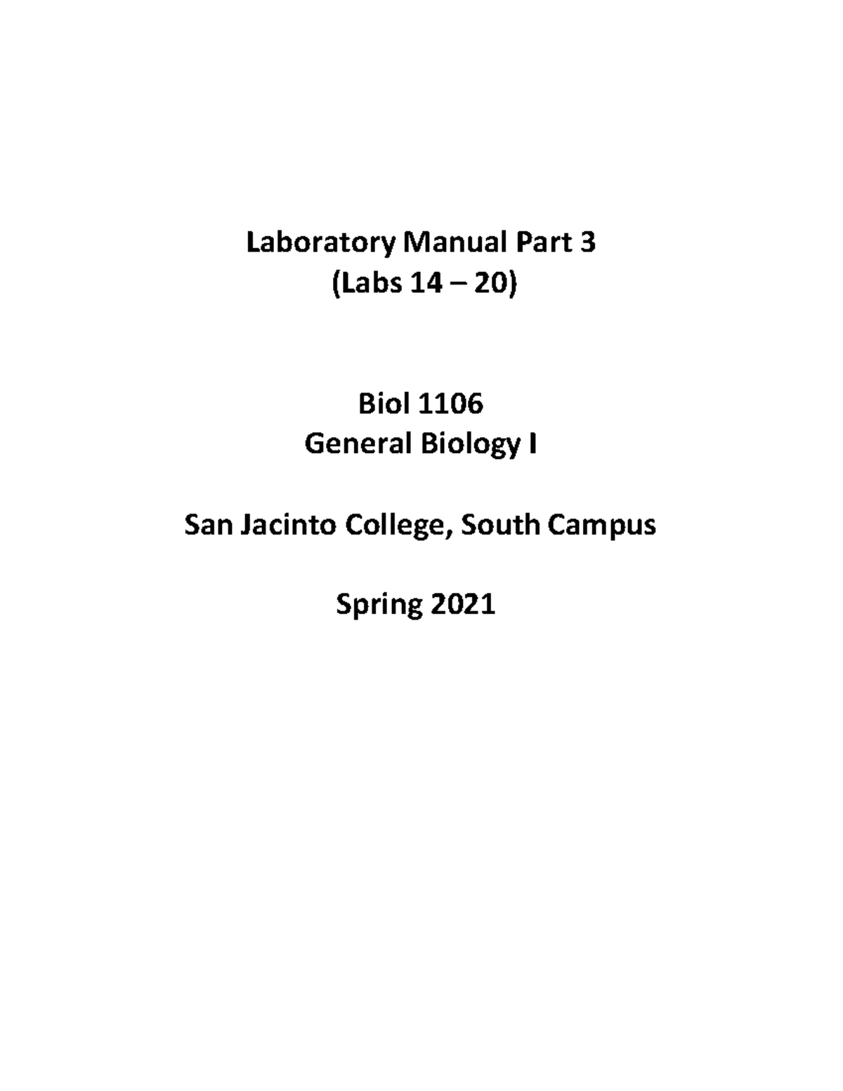 Nichols Bio 1 Lab Manual Part 3 Spring 2021 - Laboratory Manual Part 3 (Labs 14 – 20 ) Biol 1106 ...
