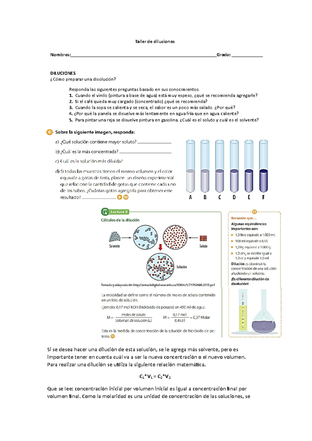 Diluciones químicas en las disoluciones - Taller de diluciones Nombres ...