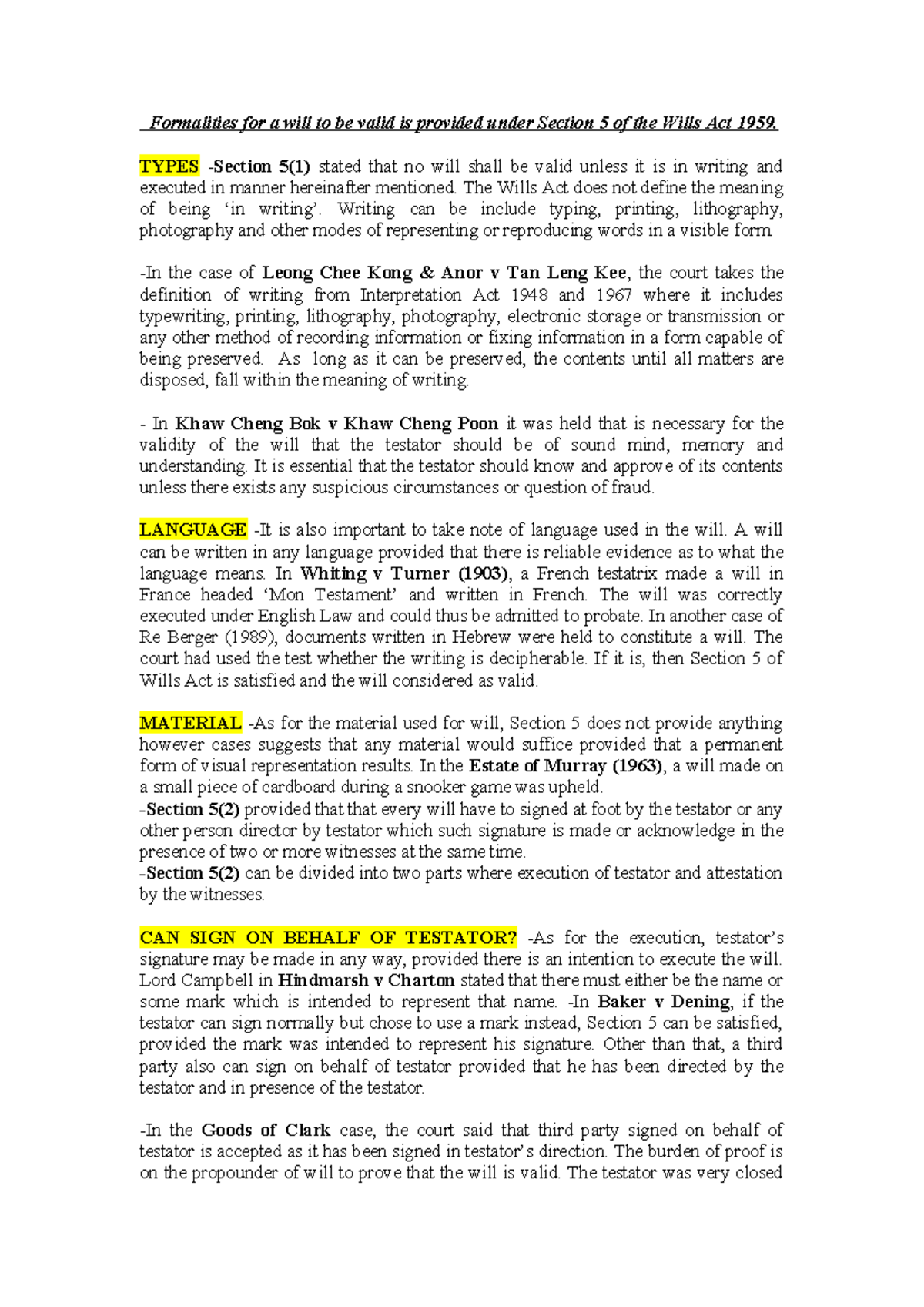 Tutorial 3 Succession - wdwd - Formalities for a will to be valid is ...
