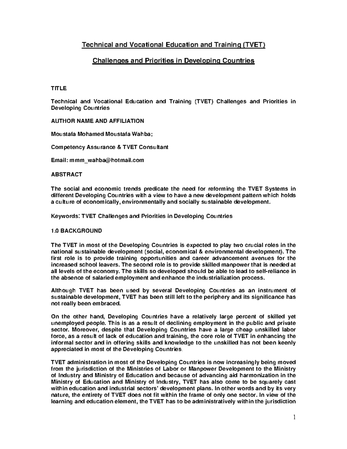 TVET Challenges and Priorities in Developing Countries - Technical and ...