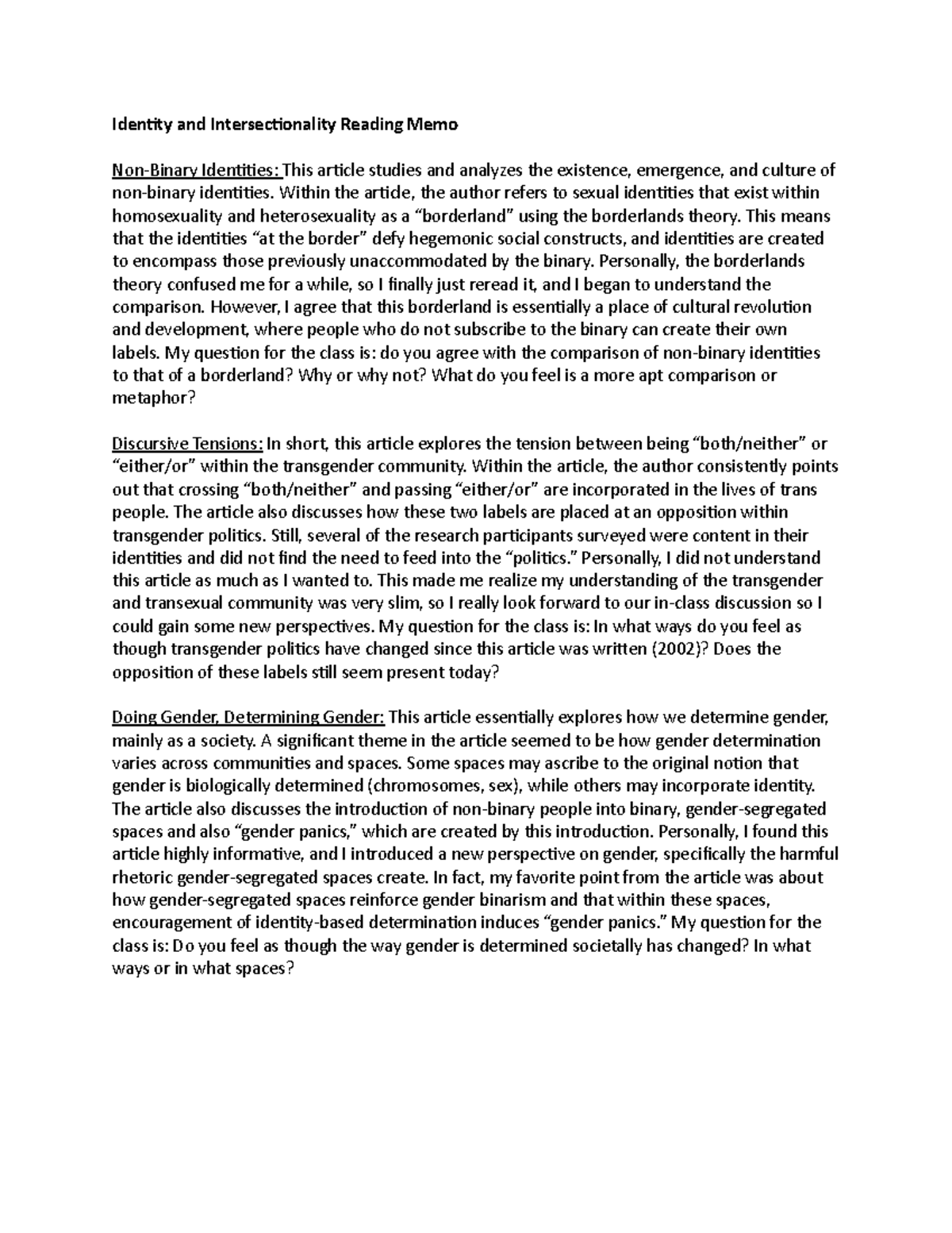 Identity and Intersectionality Reading Memo - Identity and ...