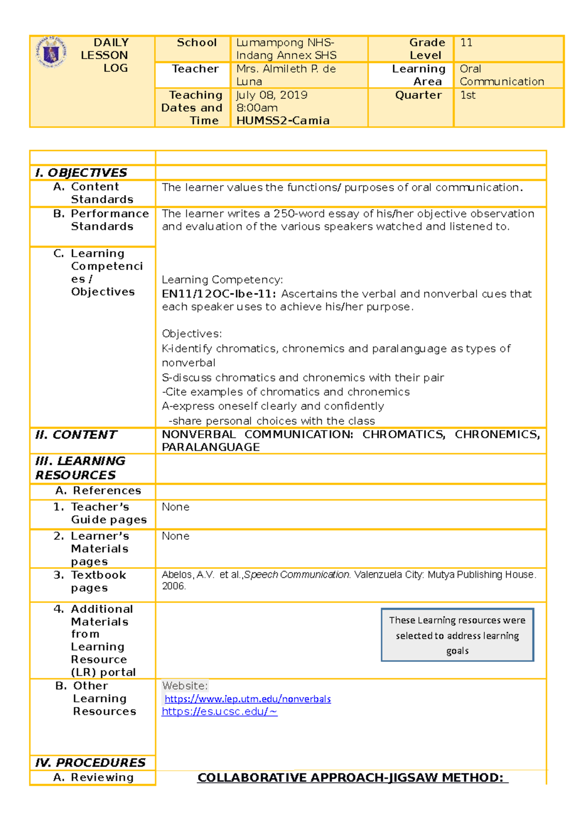 COT observation plan1 sy2019-2020 - DAILY LESSON LOG School Lumampong ...