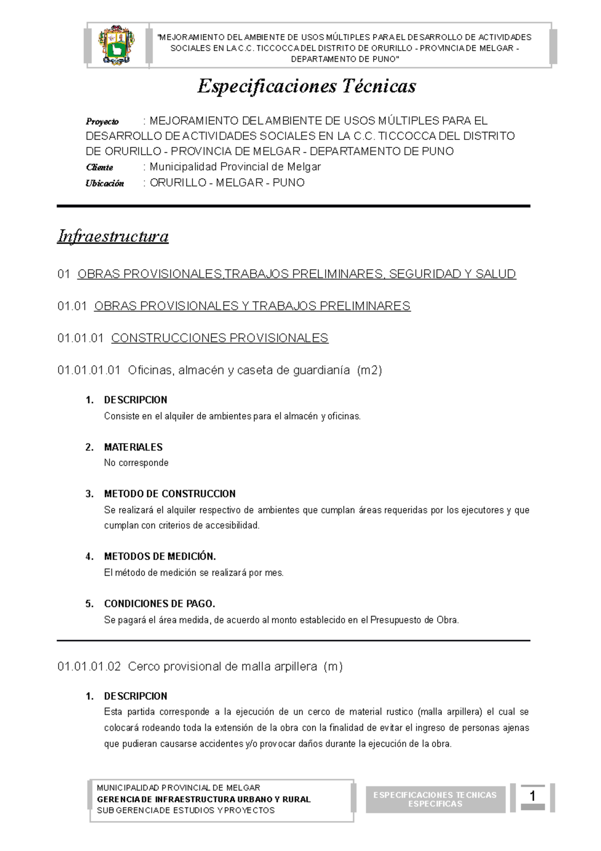 Especificaciones Técnicas Especificas SUM - Especificaciones Técnicas Proyecto : MEJORAMIENTO ...