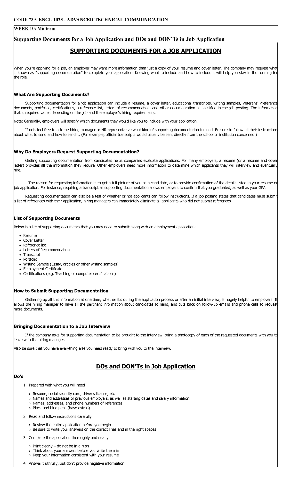 8tech comm supporting docu - CODE 739- ENGL 1023 - ADVANCED TECHNICAL ...