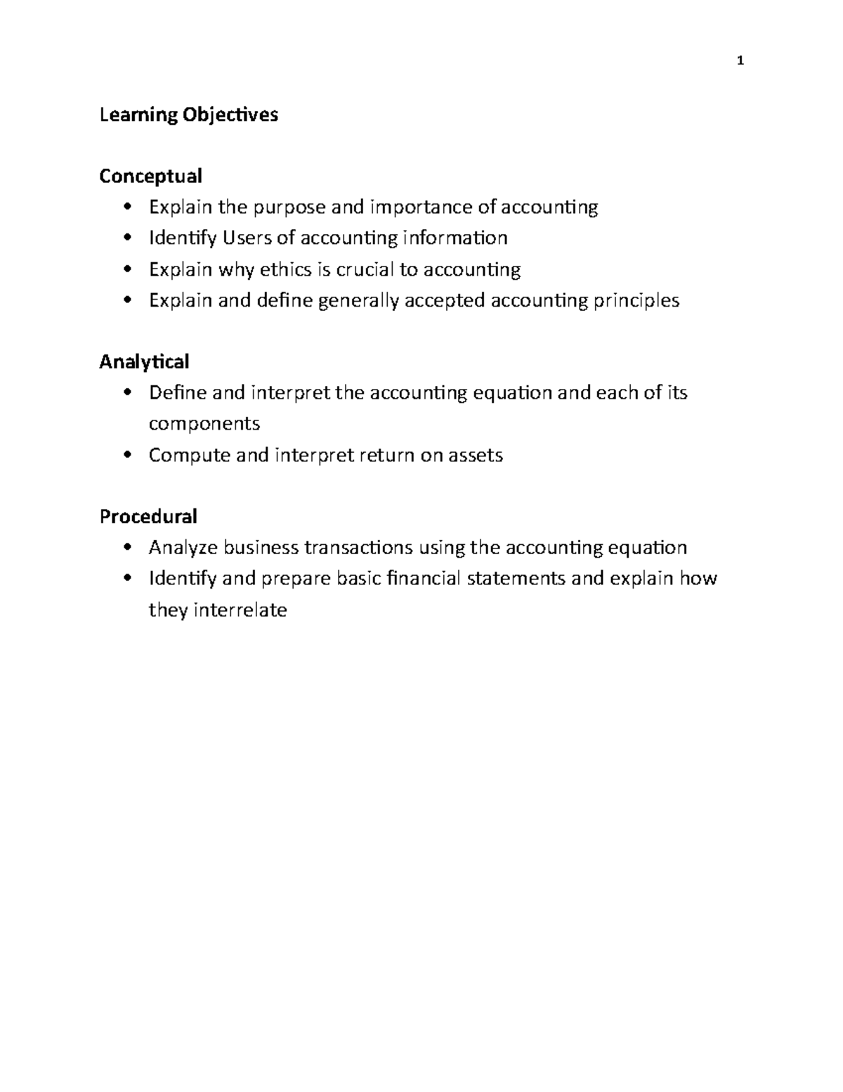 ACCT 2301, Fall 2022, Chapter 1 - Student - Learning Objectives ...