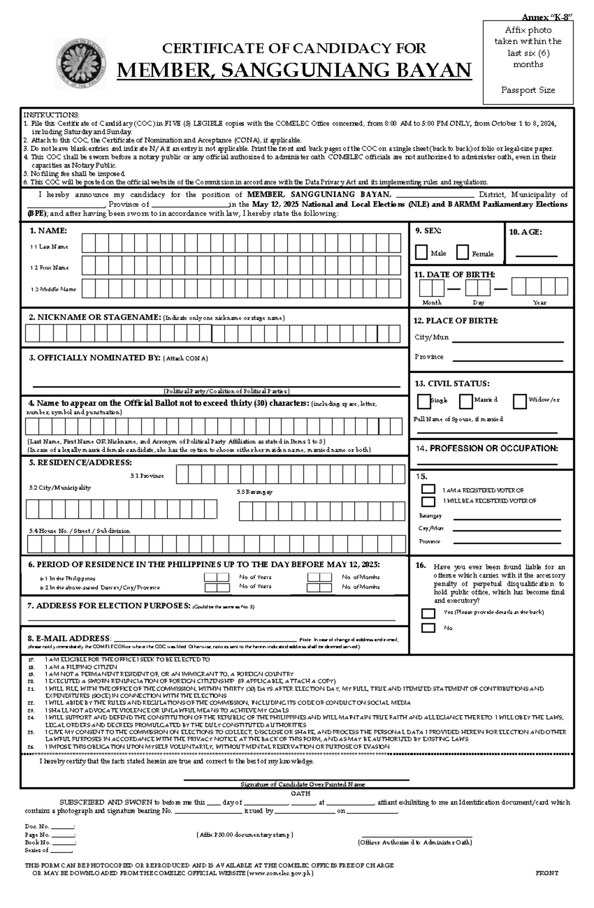 Annex K 8- Sangguniang- Bayan - Barangay City/Mun Province Yes (Please ...