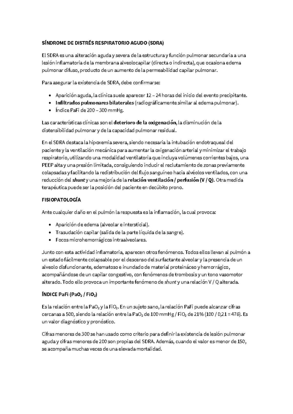 SDRA - Resumen sobre SDRA. - SÍNDROME DE DISTRÉS RESPIRATORIO AGUDO ...