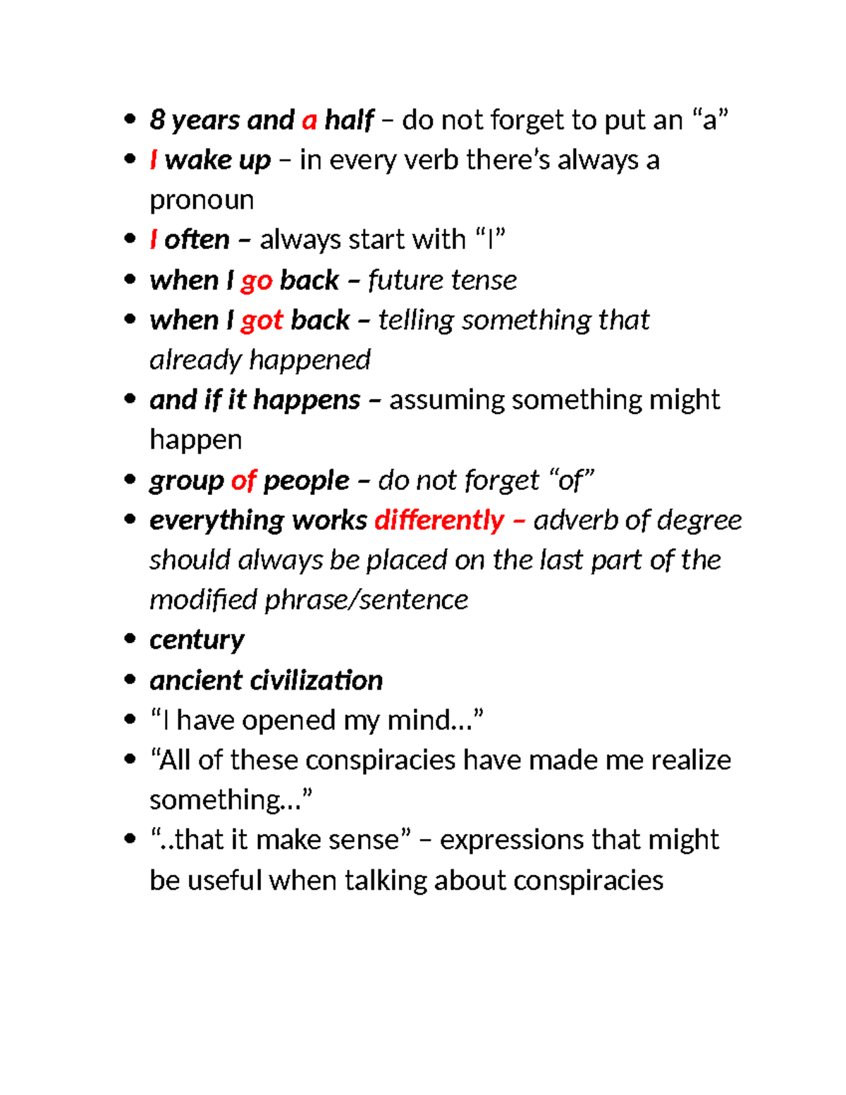 Corrections- need to improve - 8 years and a half – do not forget to ...