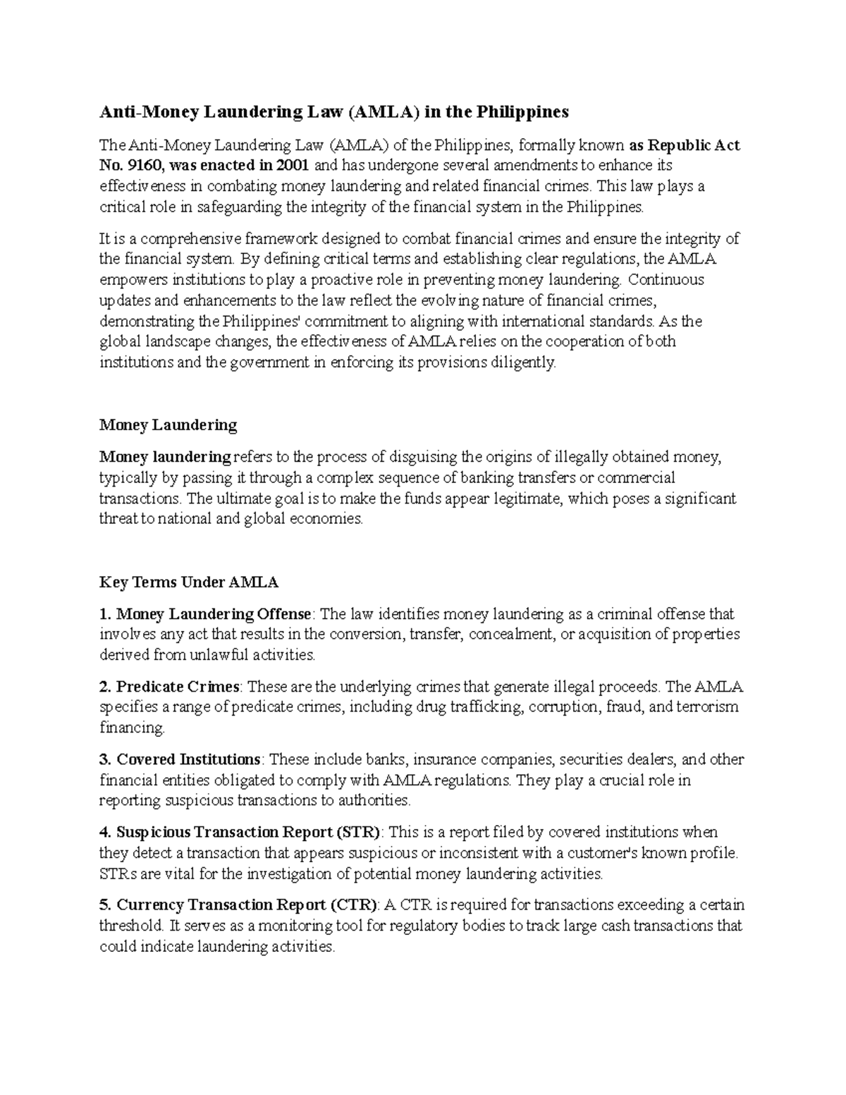 AMLA RA 9160 - AMLA RA 9160 (Summaries and Test Reviewers) - Anti-Money ...