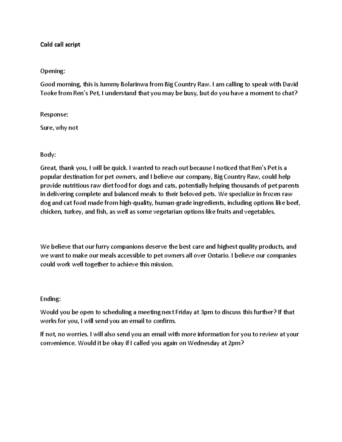Cold Call script Big Country Raw and Ren Pet - Cold call script Opening ...